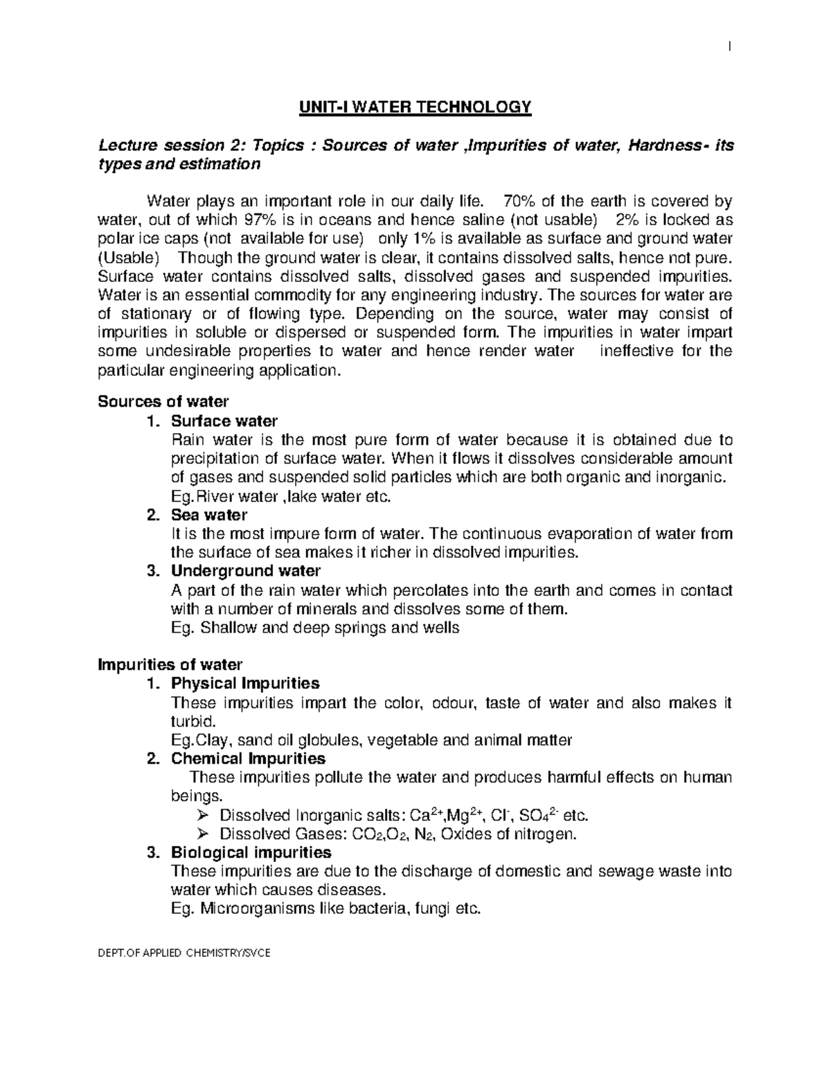 Water resources - UNIT-I WATER TECHNOLOGY Lecture session 2: Topics ...