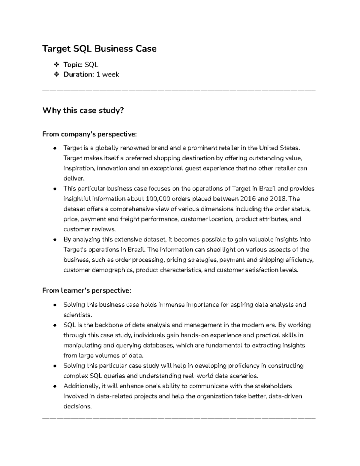 Target SQL - Reference Doc - Target SQL Business Case Topic: SQL Duration: 1 week - Studocu