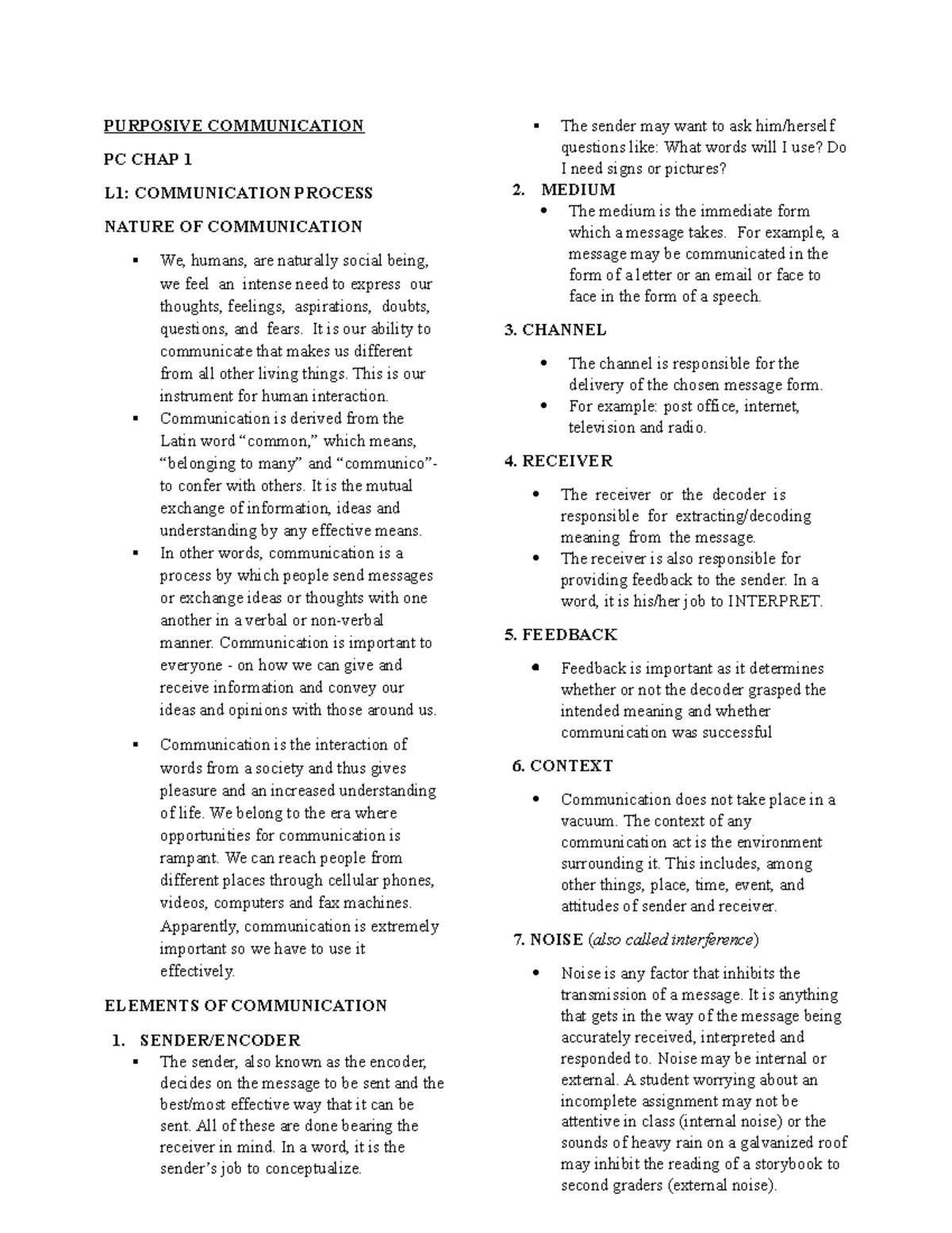 Purposive Communication - PURPOSIVE COMMUNICATION PC CHAP 1 L1: COMMUNICATION PROCESS NATURE OF ...