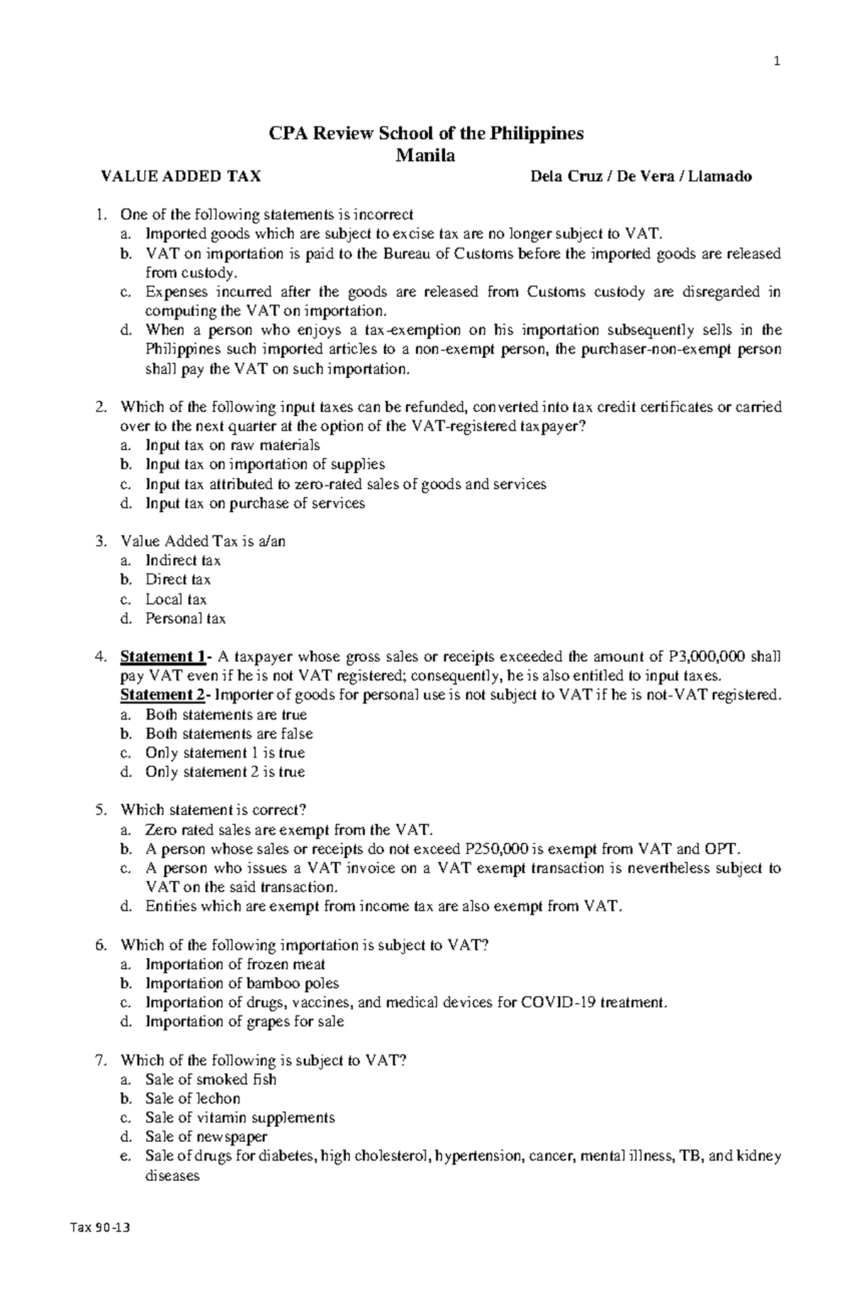 Business Taxation-VAT - CPA Review School of the Philippines Manila ...