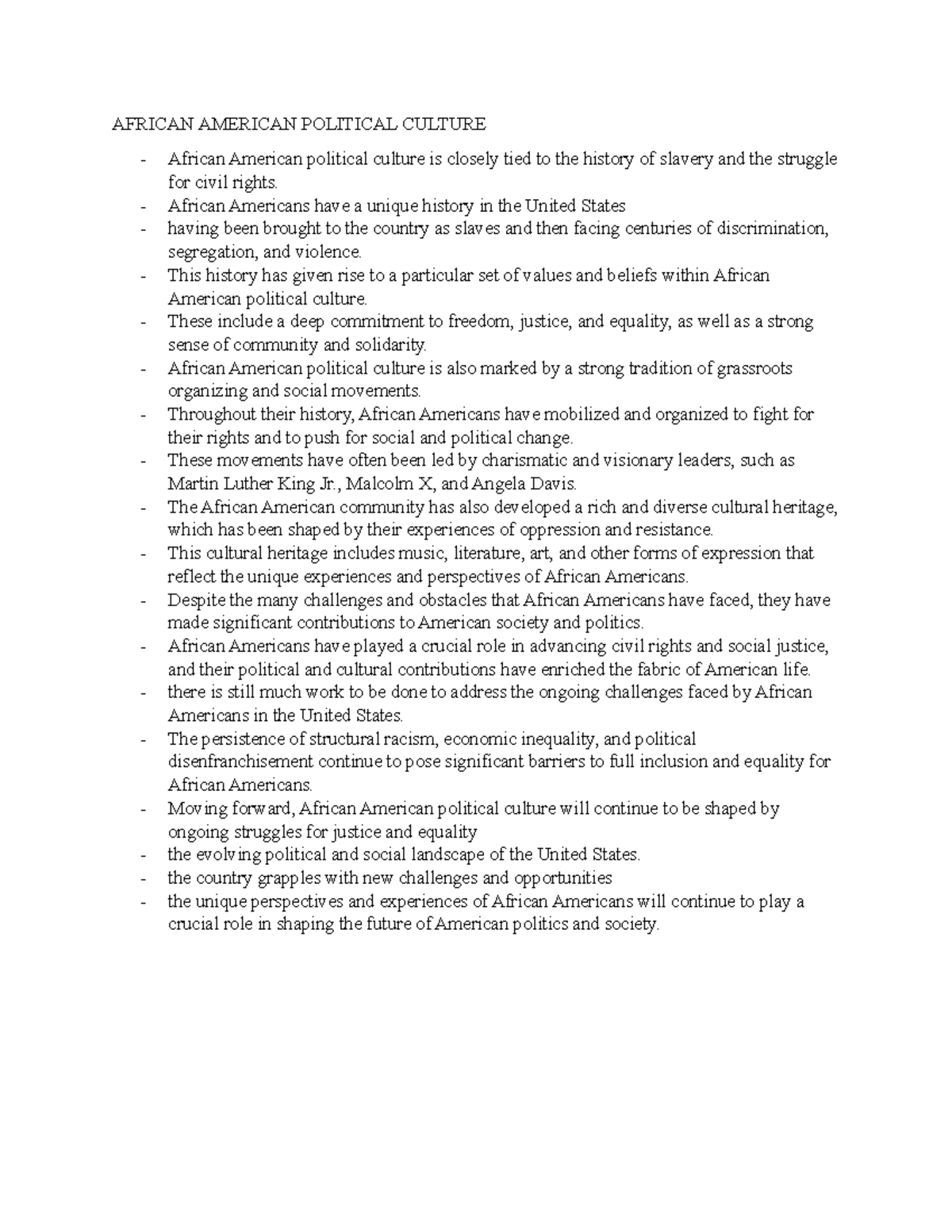 African American Political Culture Notes 2 - AFRICAN AMERICAN POLITICAL ...