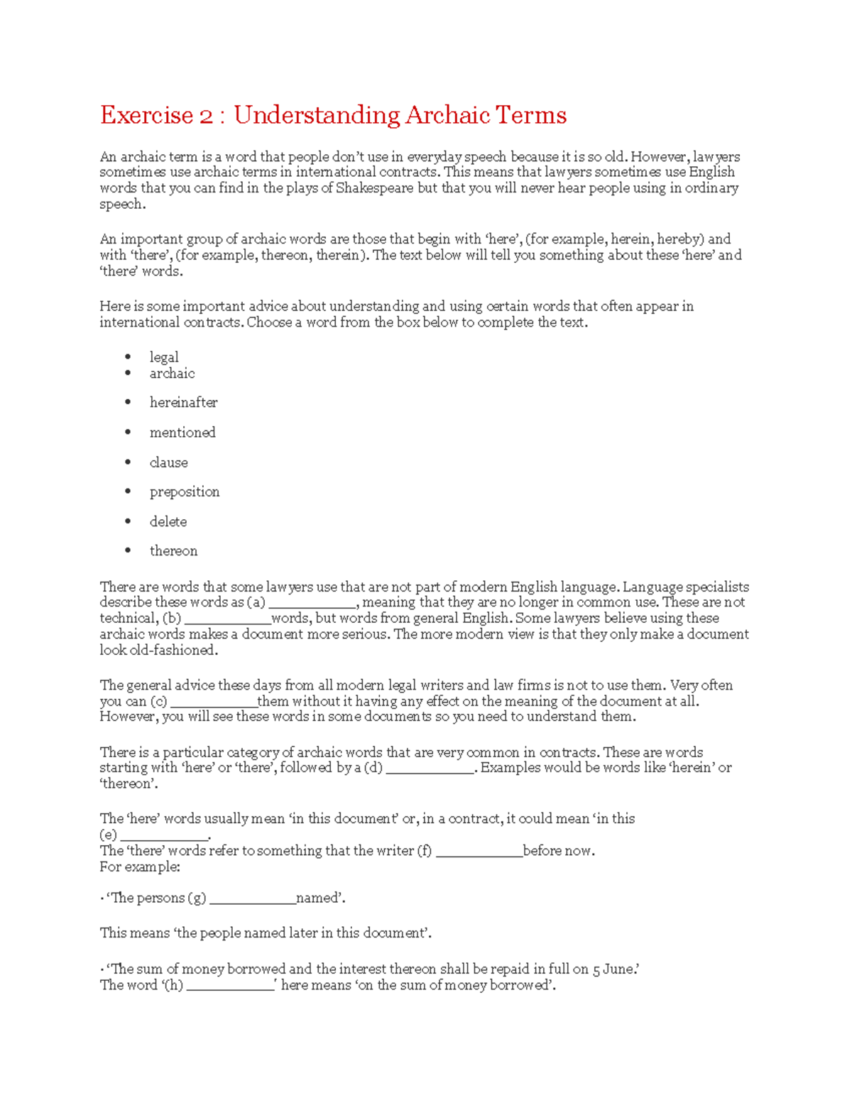 Archaic terms exercise - Exercise 2 : Understanding Archaic Terms An ...