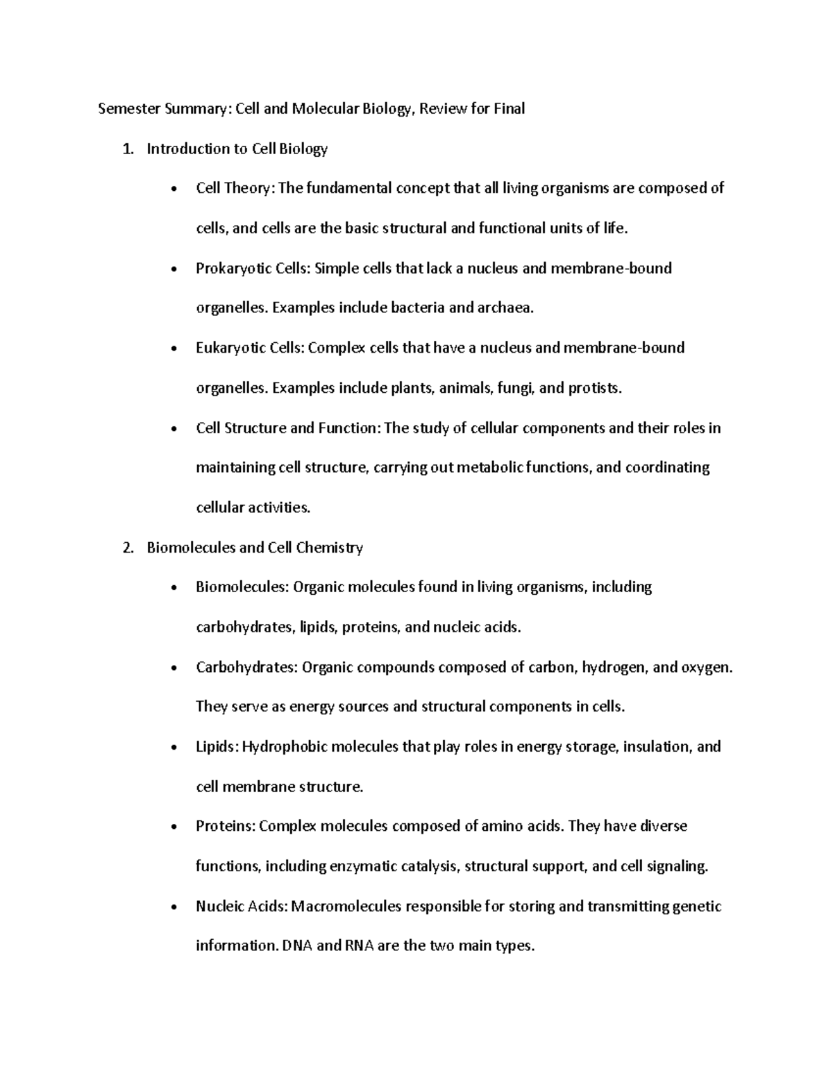 Cell and Molec Final Review with some lecture notes - Semester Summary ...