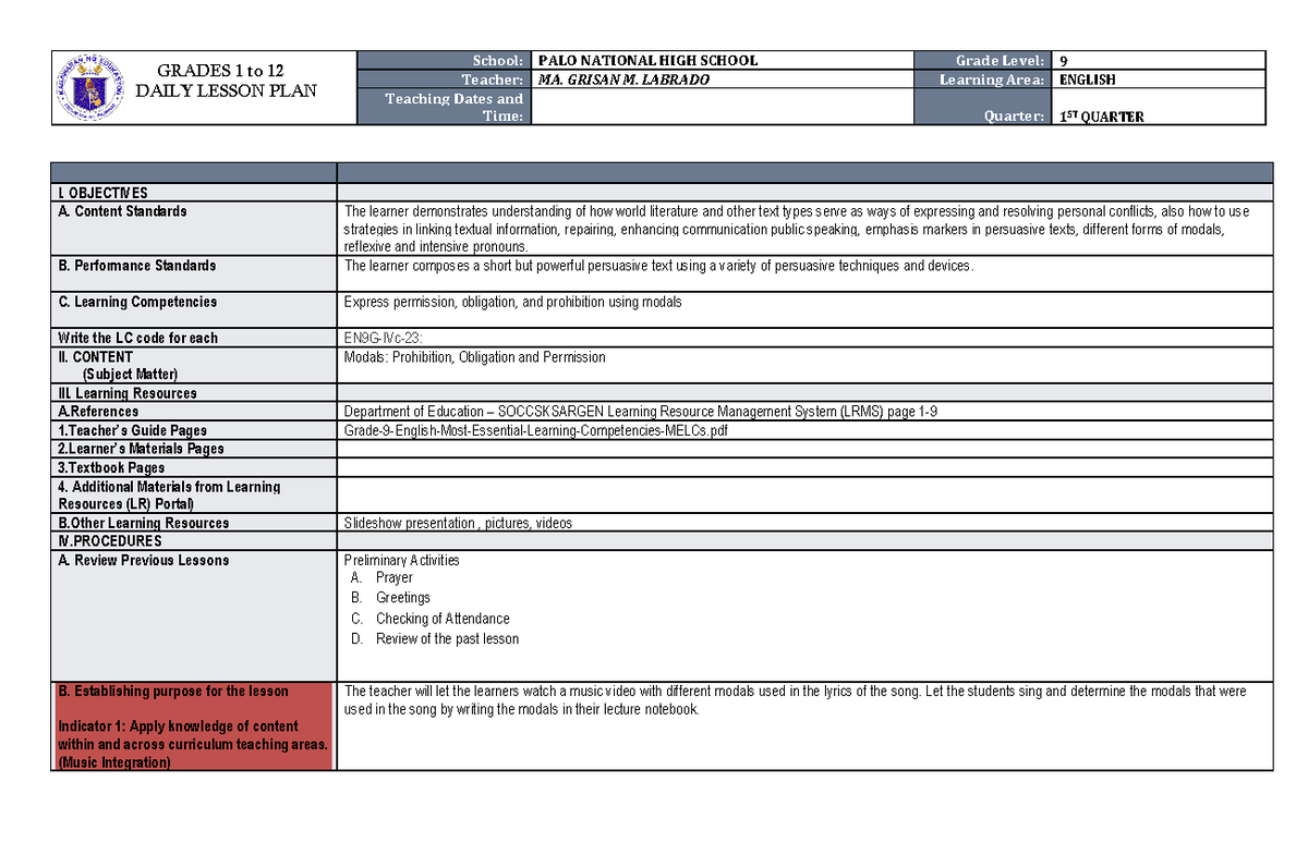 F4inal-DLL English-9 Q1 W1 - GRADES 1 to 12 DAILY LESSON PLAN School ...