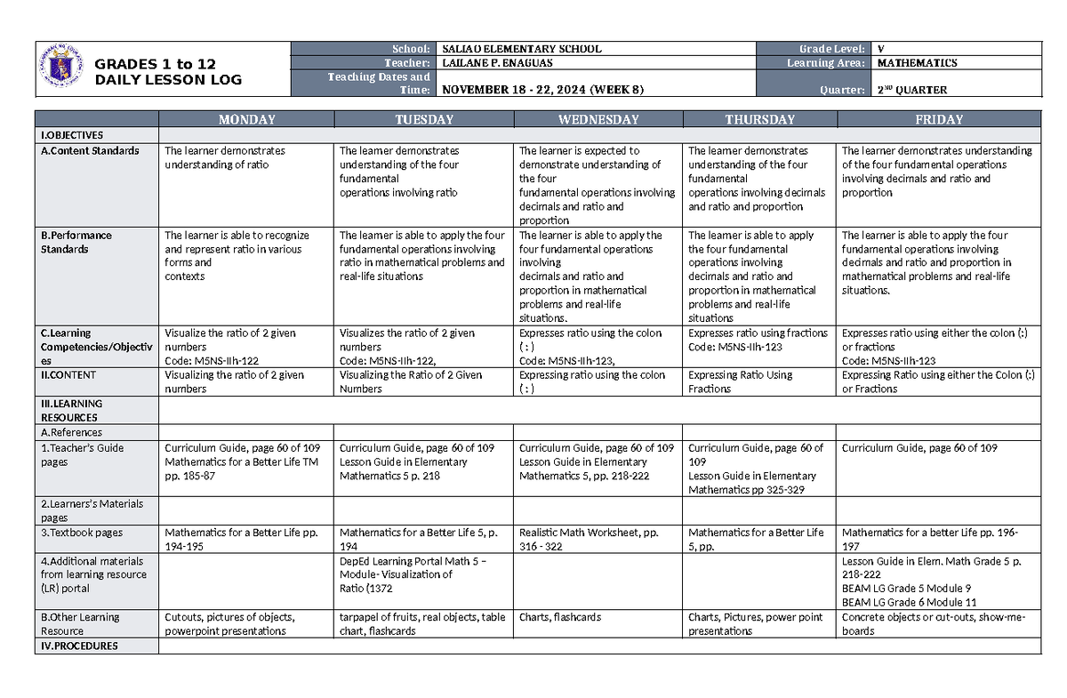 DLL Mathematics 5 Q2 W8 - Daily Lesson Log - GRADES 1 to 12 DAILY ...