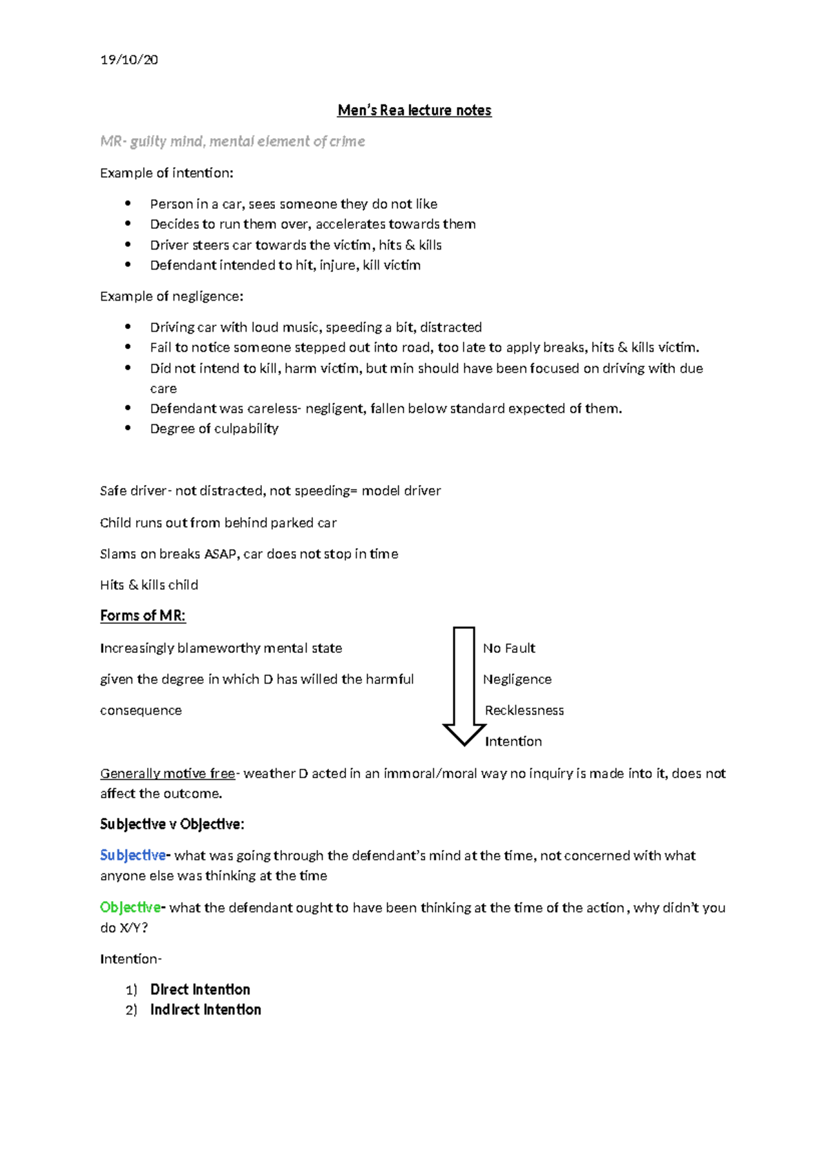 Mens rea - notes - Men’s Rea lecture notes MR- guilty mind, mental ...
