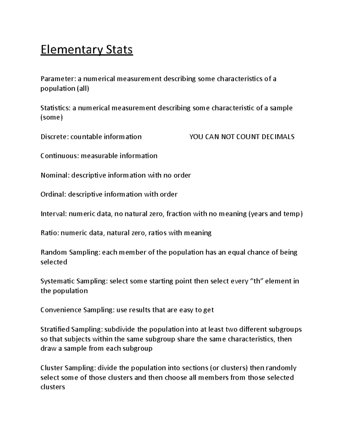 Elementary Stats - Lecture notes 1-3 - Elementary Stats Parameter: a ...