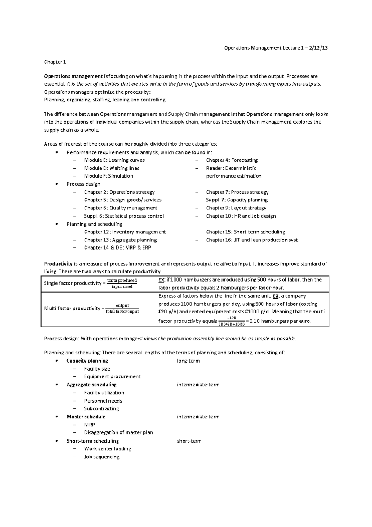 Notes Operations Management, lecture 1 - Operations Management Lecture ...