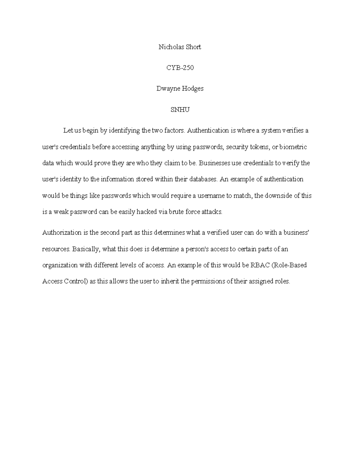 Nicholas Short CYB-250 5-1 - Nicholas Short CYB- Dwayne Hodges SNHU Let ...