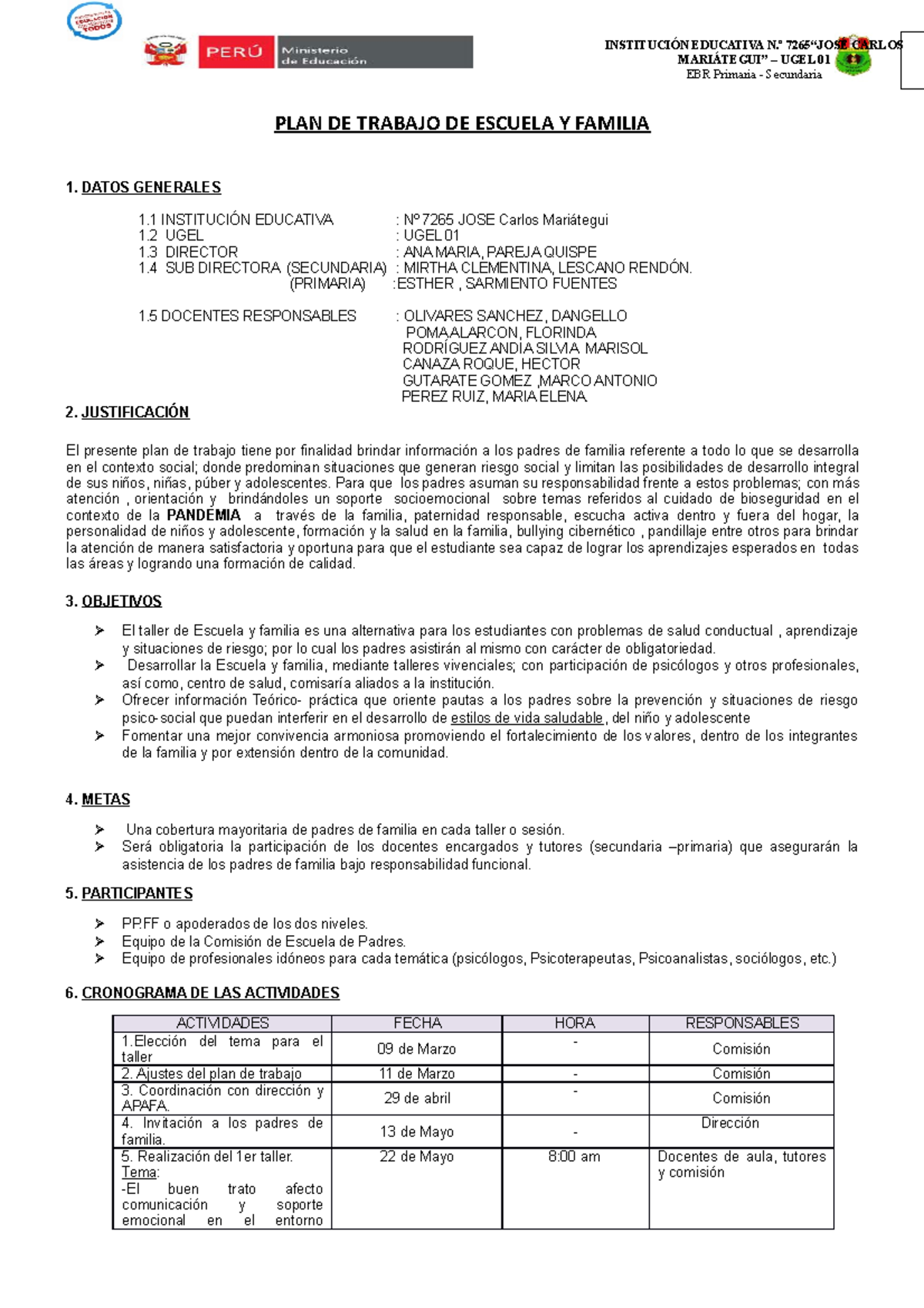 PLAN Escuela Y Familia 2022 Actual - PLAN DE TRABAJO DE ESCUELA Y ...