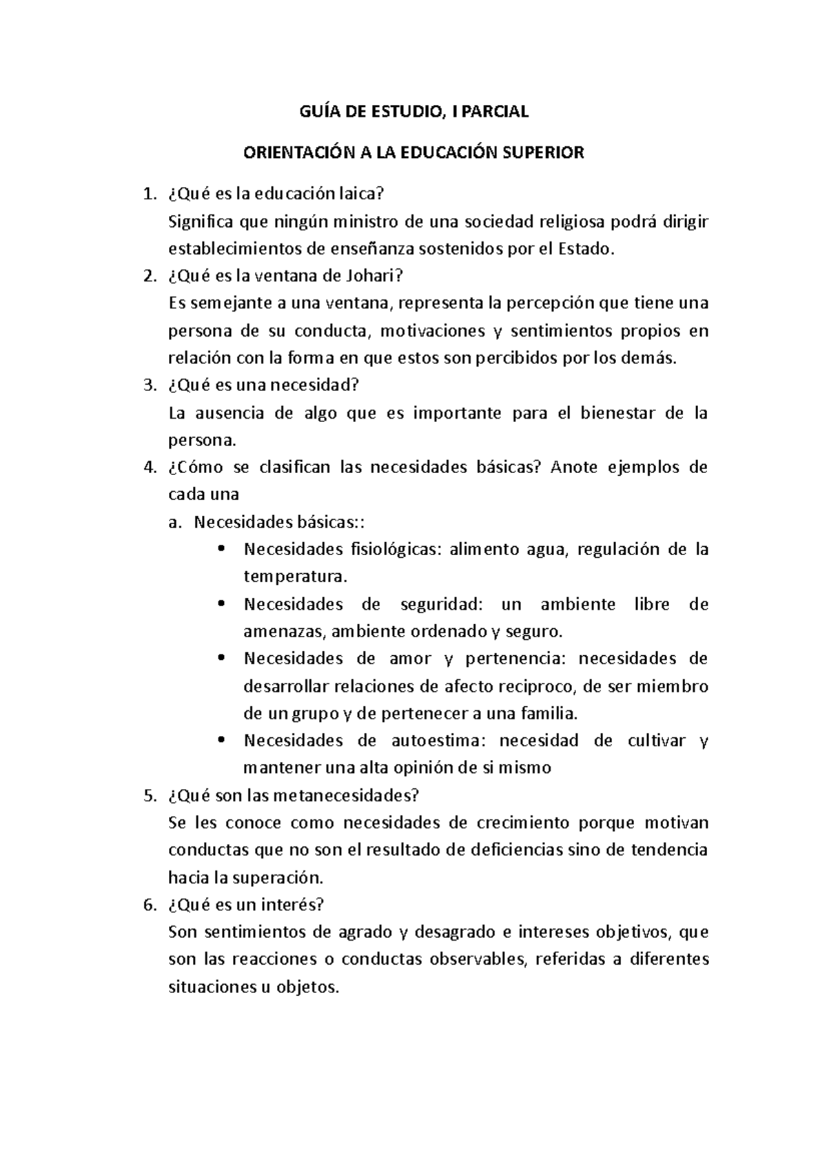 11MO BCH, GUÍA PARA EL Examen - GUÍA DE ESTUDIO, I PARCIAL ORIENTACIÓN ...