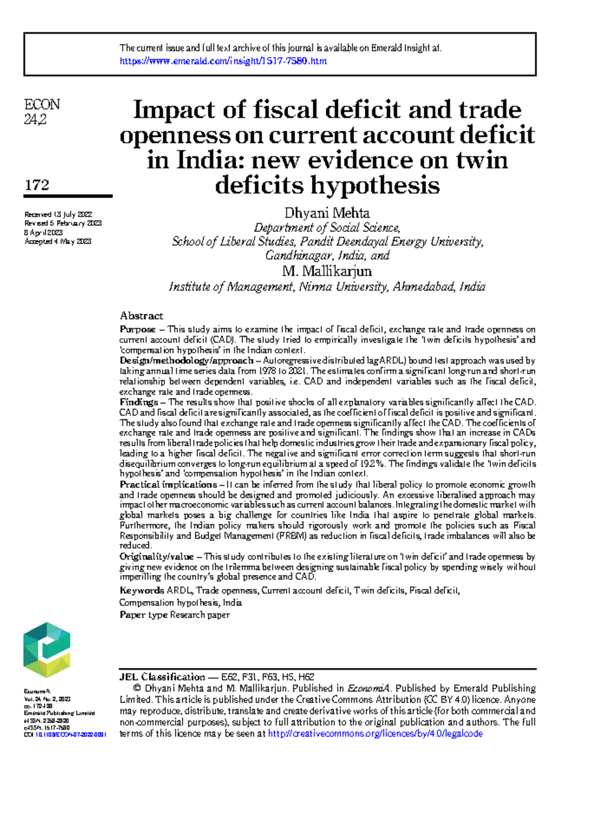 10-1108 ECON-07-2022-0091 - Impact of fiscal deficit and trade openness ...