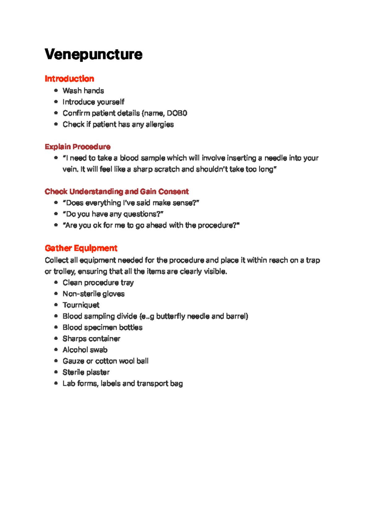 Venepuncture - Ve n e p u n c t u re Introduction Explain Procedure ...