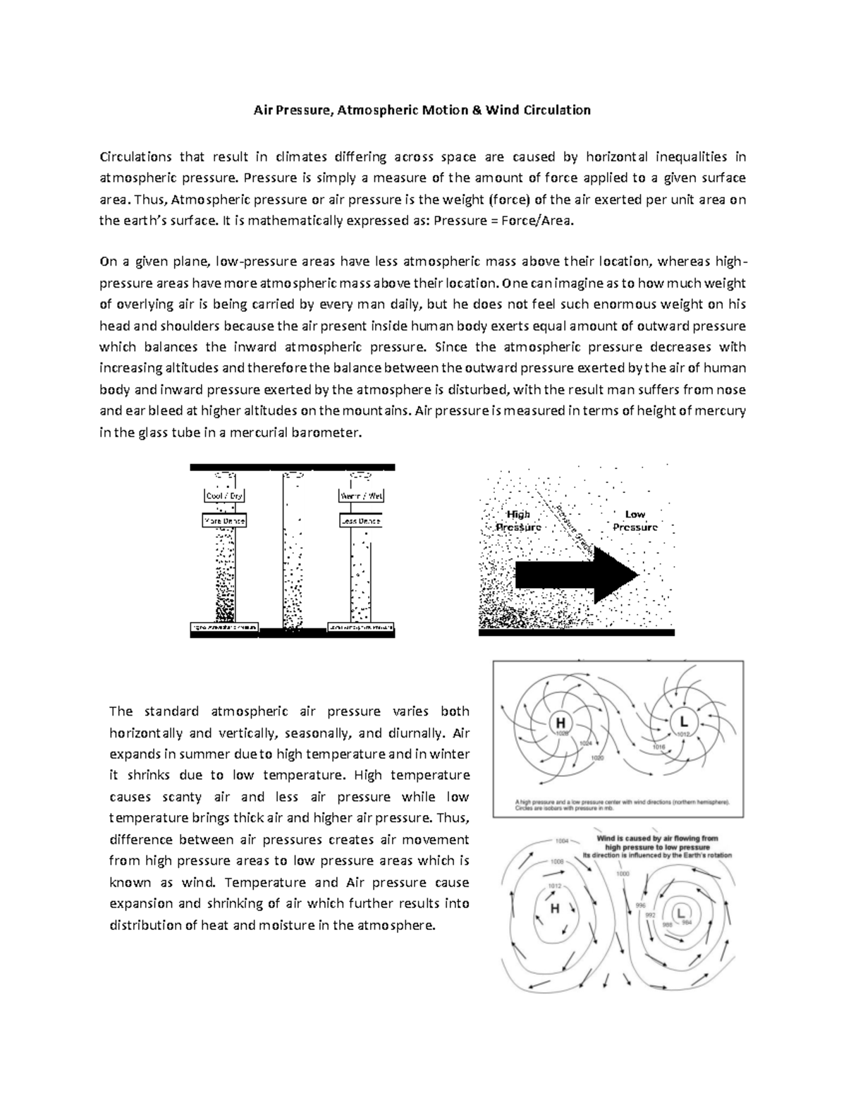 Air Pressure, Atmospheric Motion and Wind - Pressure is simply a ...