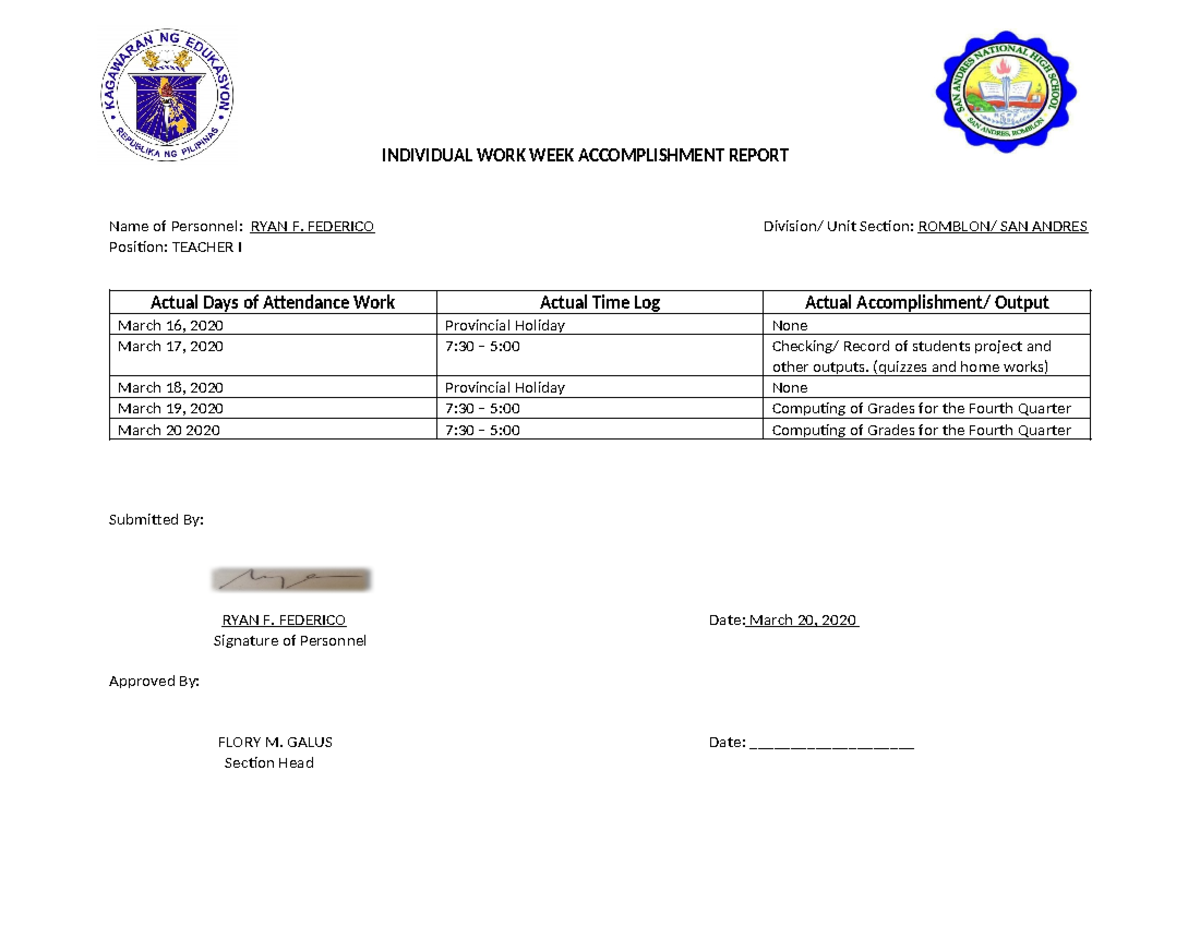 Individual workweek accomplishmet report - INDIVIDUAL WORK WEEK ...