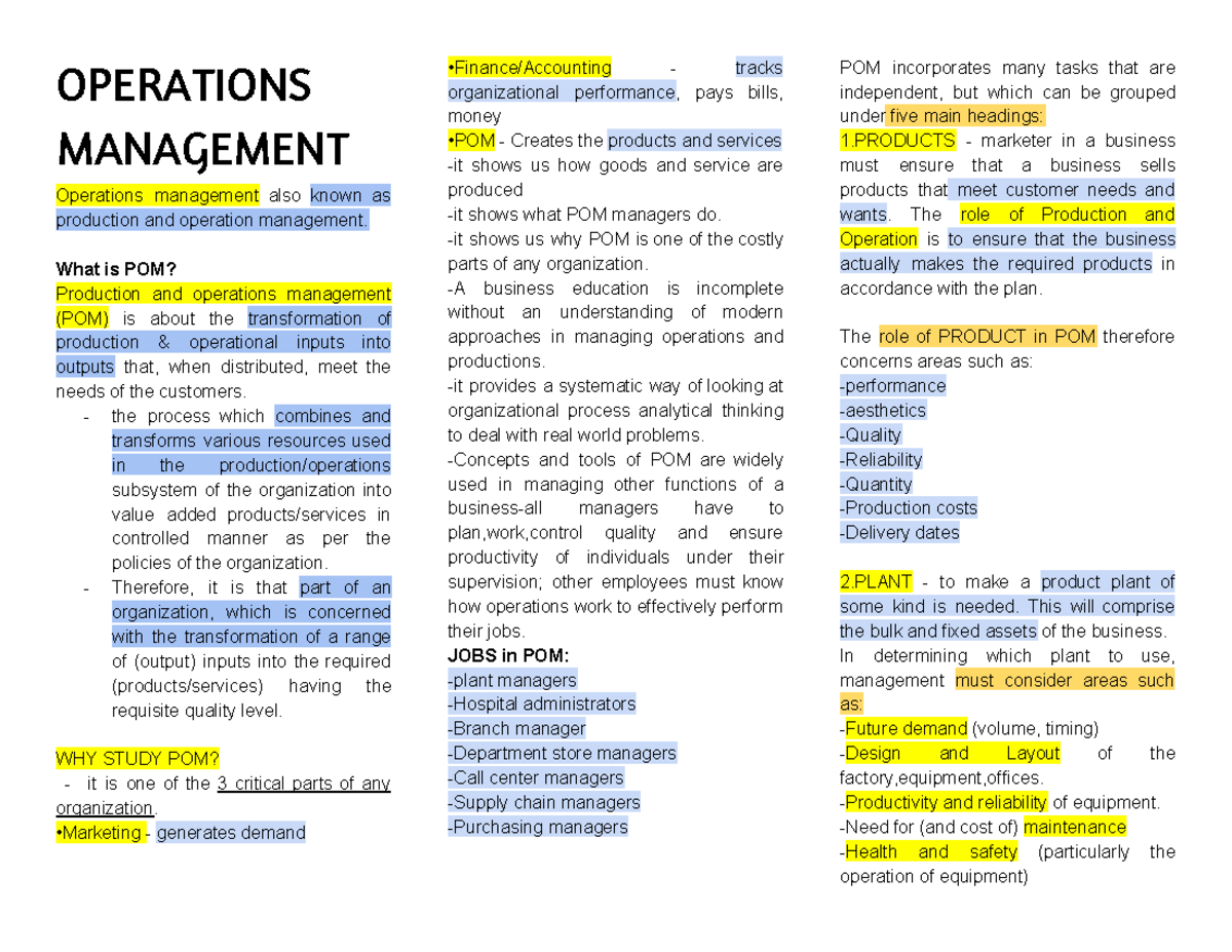 Reviewer - OPERATIONS MANAGEMENT Operations management also known as ...