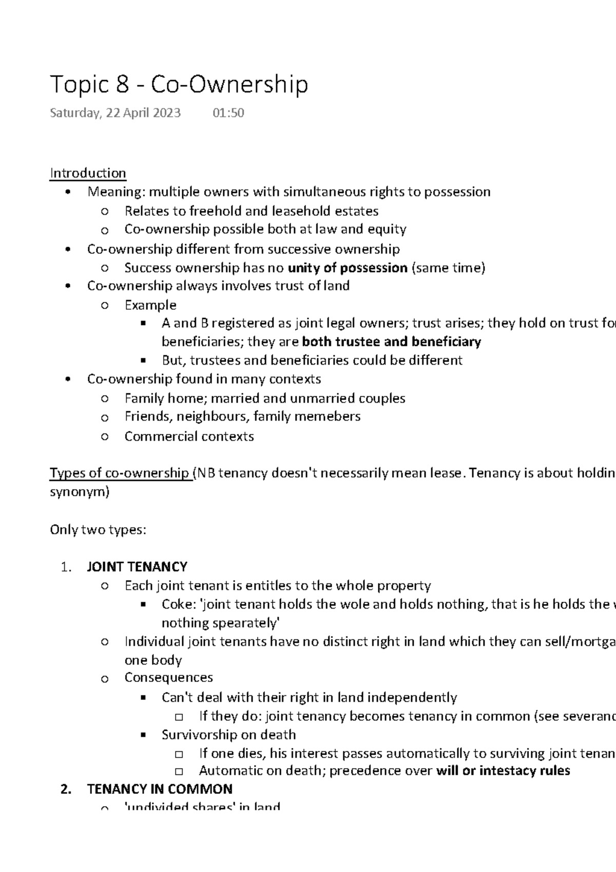 Co-Ownership - lecture notes - Introduction Meaning: multiple owners ...