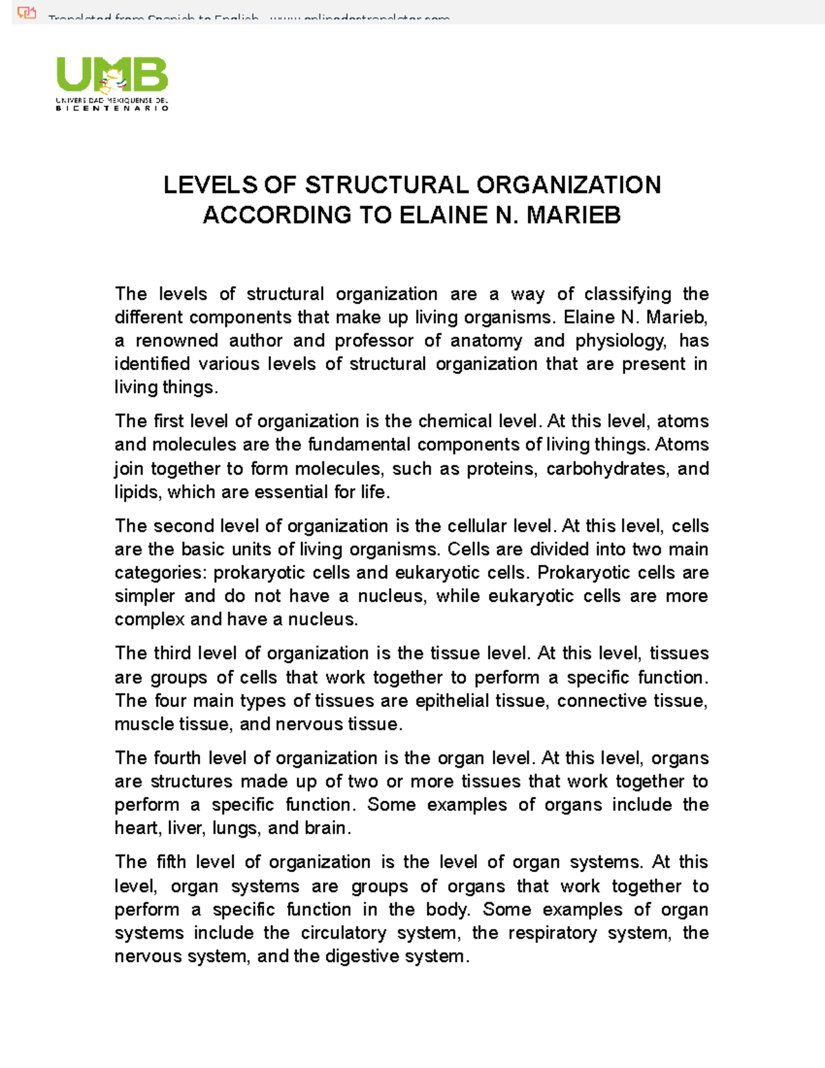 Levels of Structural Organization - Elaine N. Marieb - LEVELS OF ...