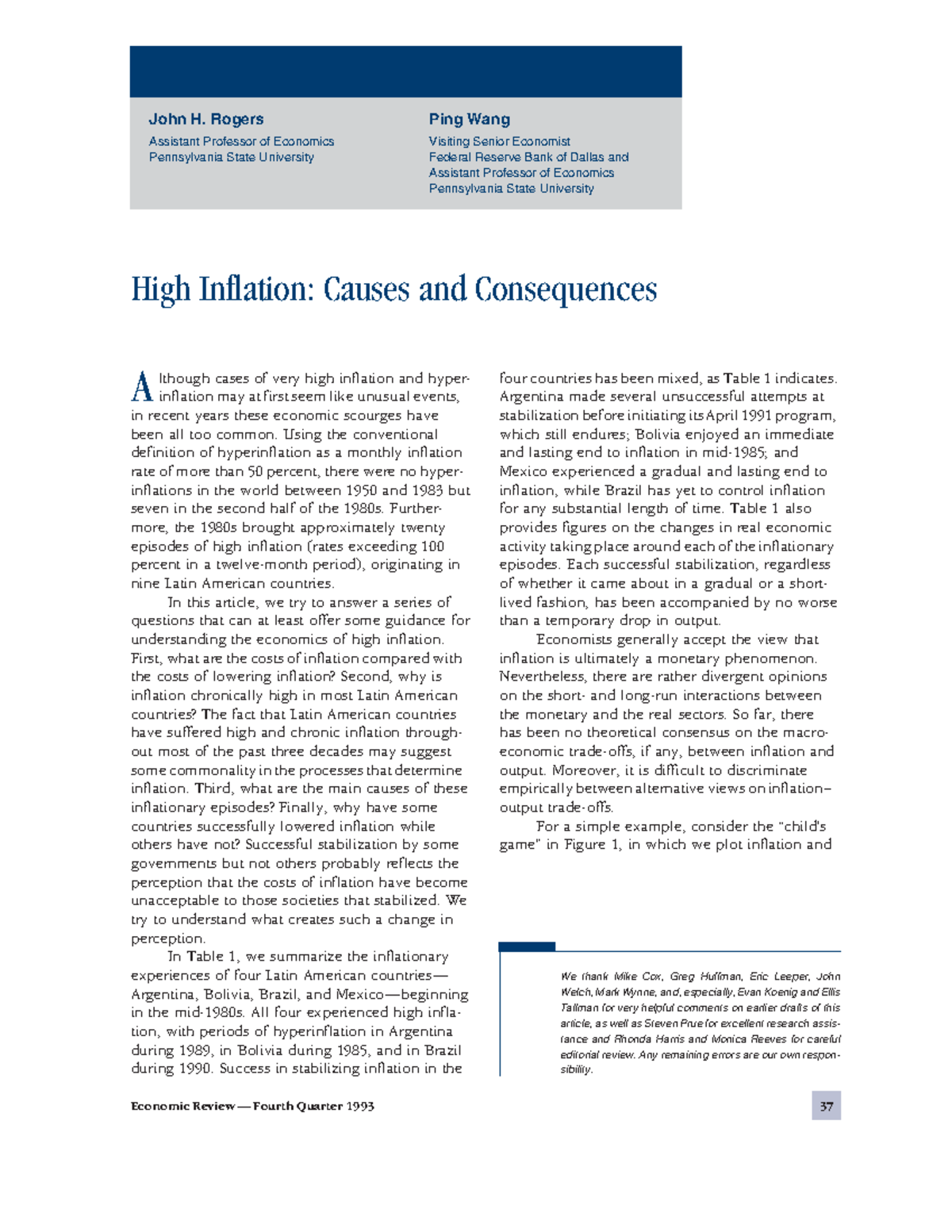 13. High Inflation. Causes and Consequences author John H. Rogers, Ping ...