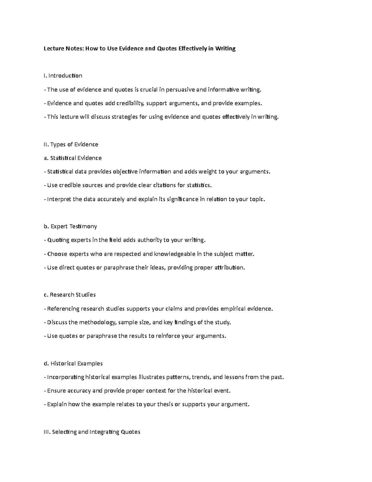 Lecture Notes: How to Use Evidence and Quotes Effectively in Writing ...