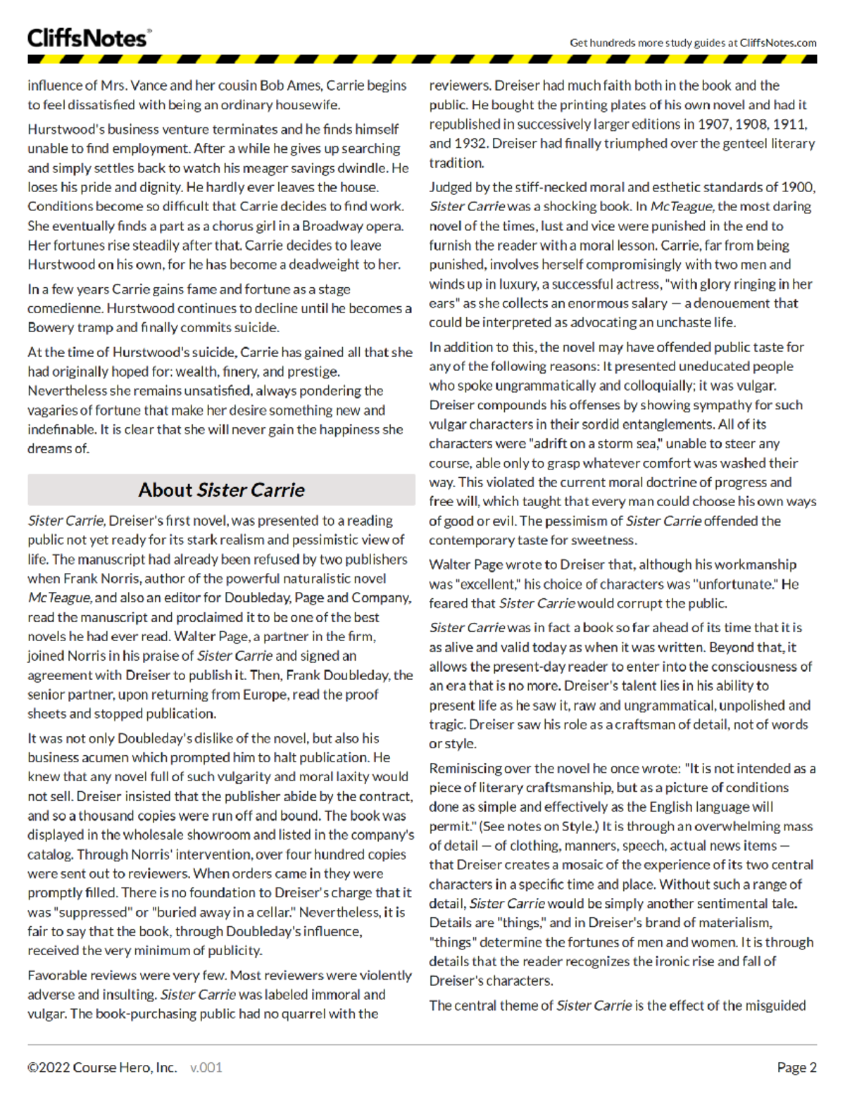 Cliffs Notes on Sister Carrie 2 - Biology 101 - Studocu