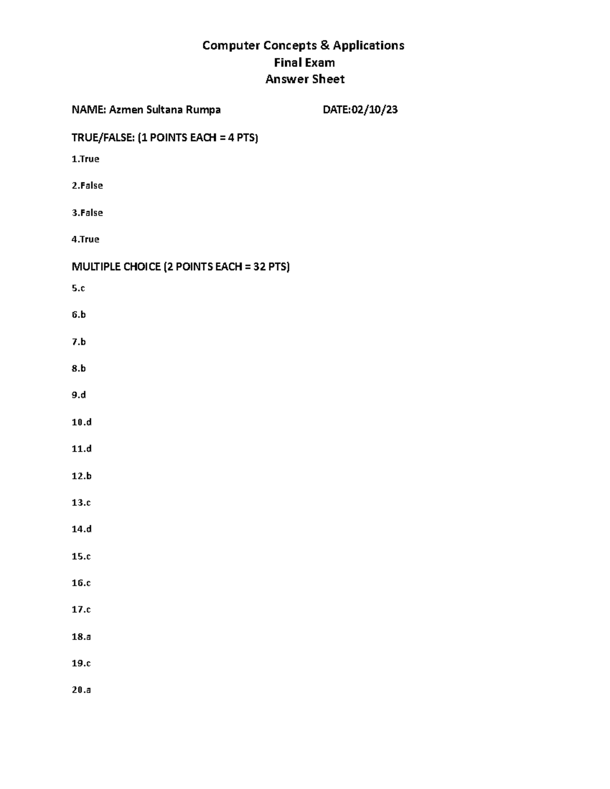 Cis 100 2022 Final Answer Sheet Blackboard Computer Concepts