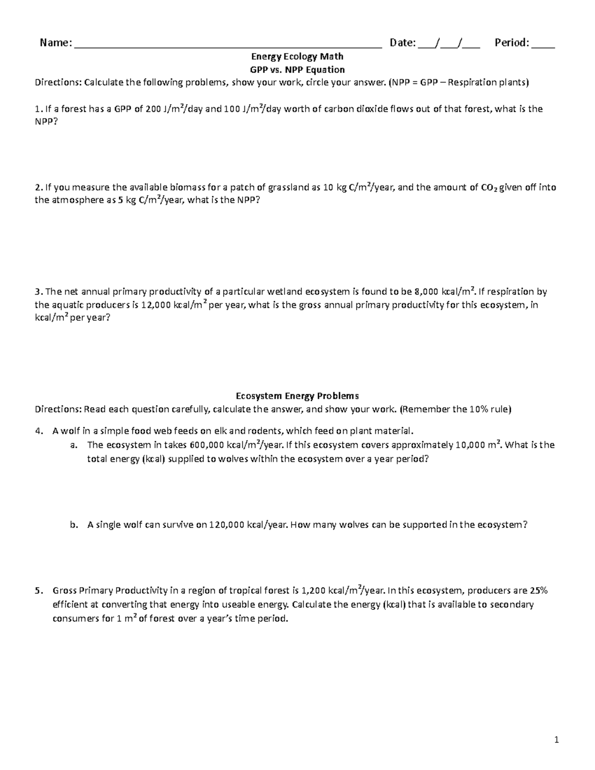 AP Bio Energy Ecology Math Packet - Name