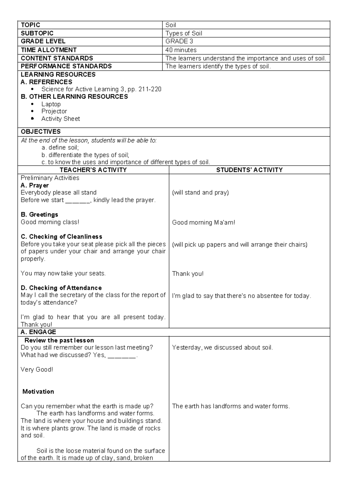 Lesson PLAN Sample SOIL - TOPIC Soil SUBTOPIC Types of Soil GRADE LEVEL ...