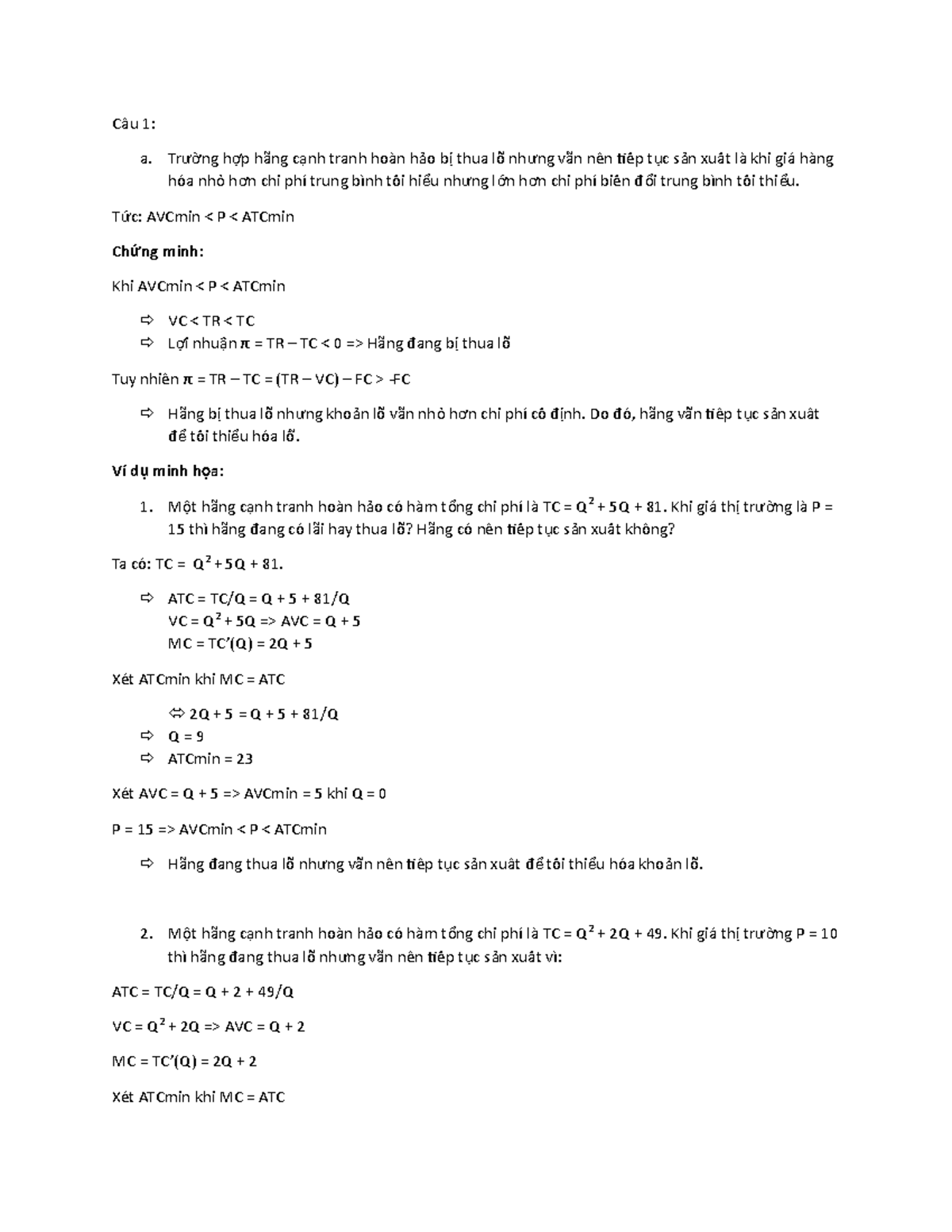 Ktvm dang dat - giải bài tập vi mô - Câu 1: a. Tr ng h p hãng c nh tranh hoàn h o b thua lỗỗ nh ...