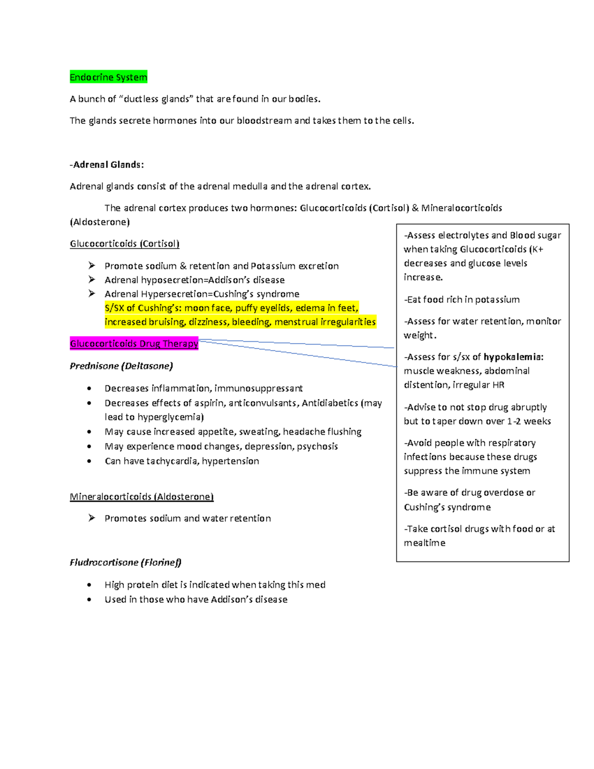 Endocrine study notes - Endocrine System A bunch of “ductless glands ...