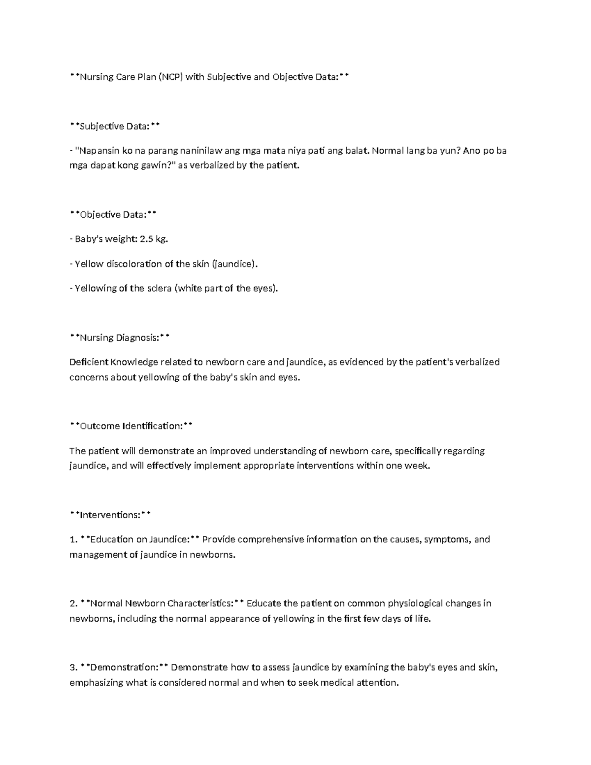 RH - Rh incompatibility - Nursing Care Plan (NCP) with Subjective and ...