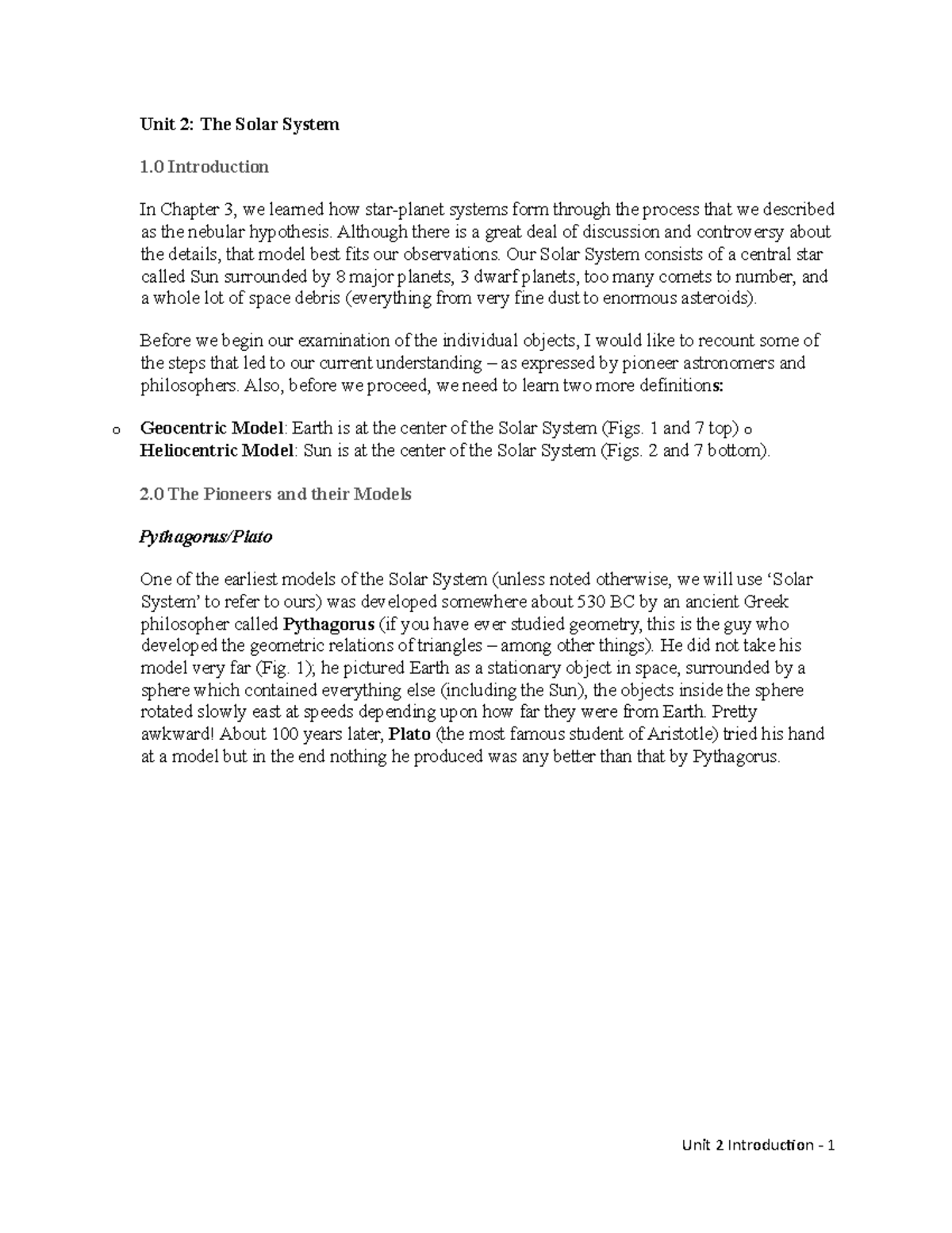 Unit 2 - Lecture notes unit 2 - Unit 2: The Solar System 1 Introduction ...