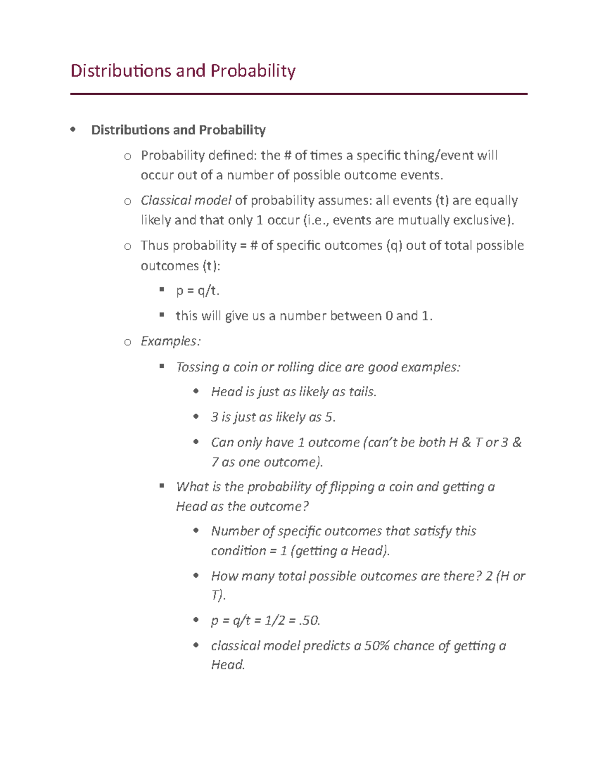 Distributions and Probability - o Classical model of probability ...
