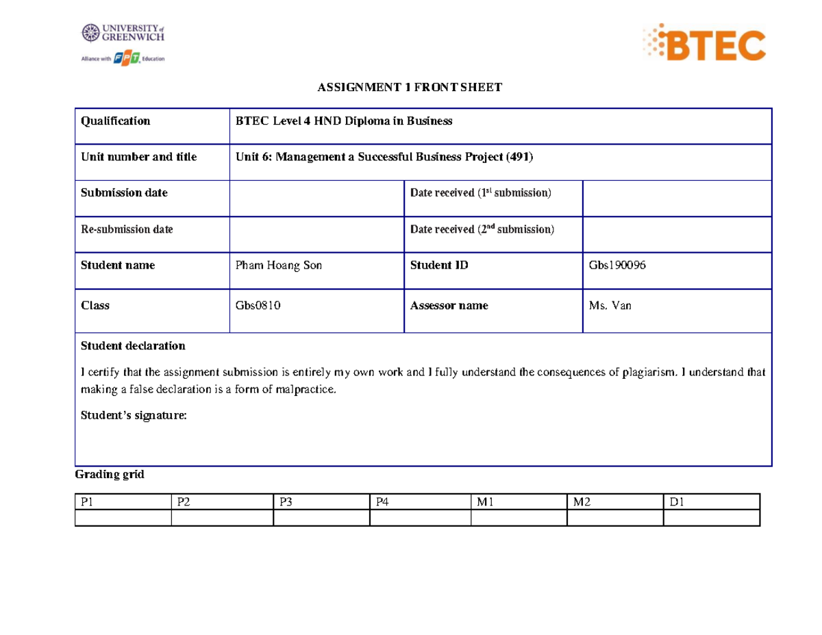 491 ASM1 sonphgbs 190096 2 - ASSIGNMENT 1 FRONT SHEET Qualification BTEC Level 4 HND Diploma in ...