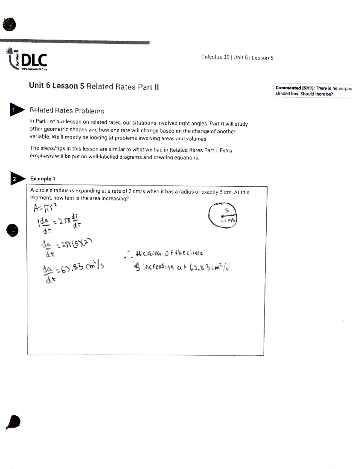 Calculus 30 related rates part 2 - ' ]DLC \J....,~a Calculus 30 I Unit ...