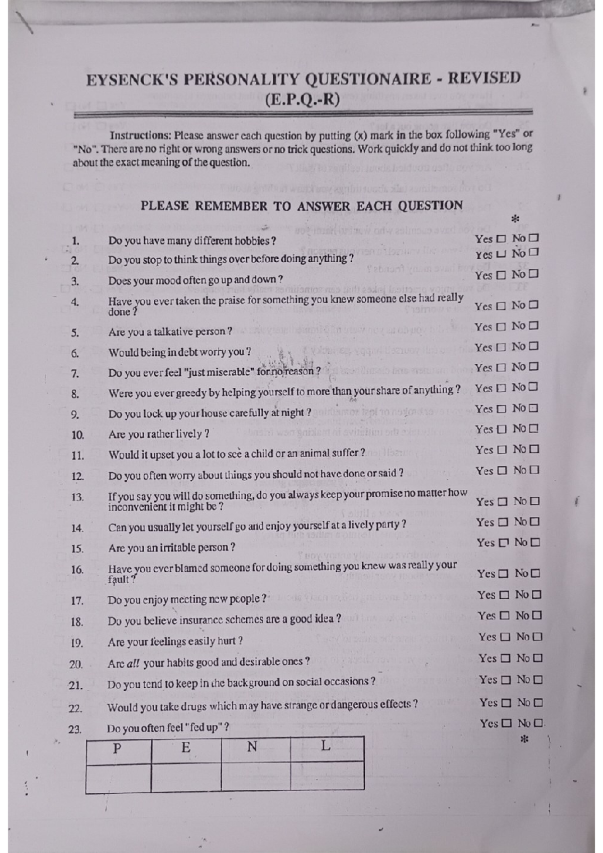 Psychology EPQ - Revised - PERSONALITY QUESTIONAIRE REVISED ...