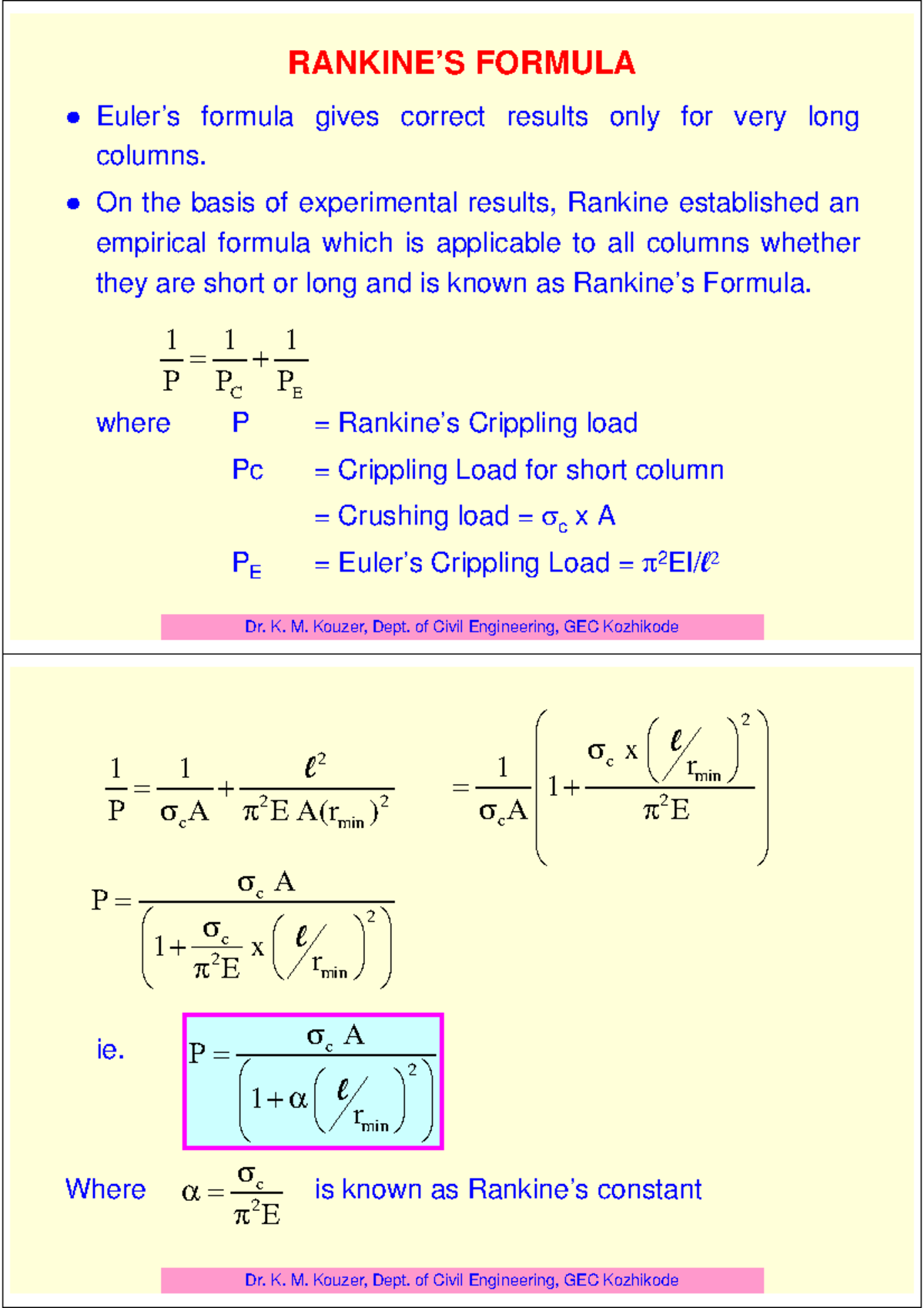 MOS Class Notes 20-3-2022 - RANKINE’S FORMULA Euler’s formula gives ...