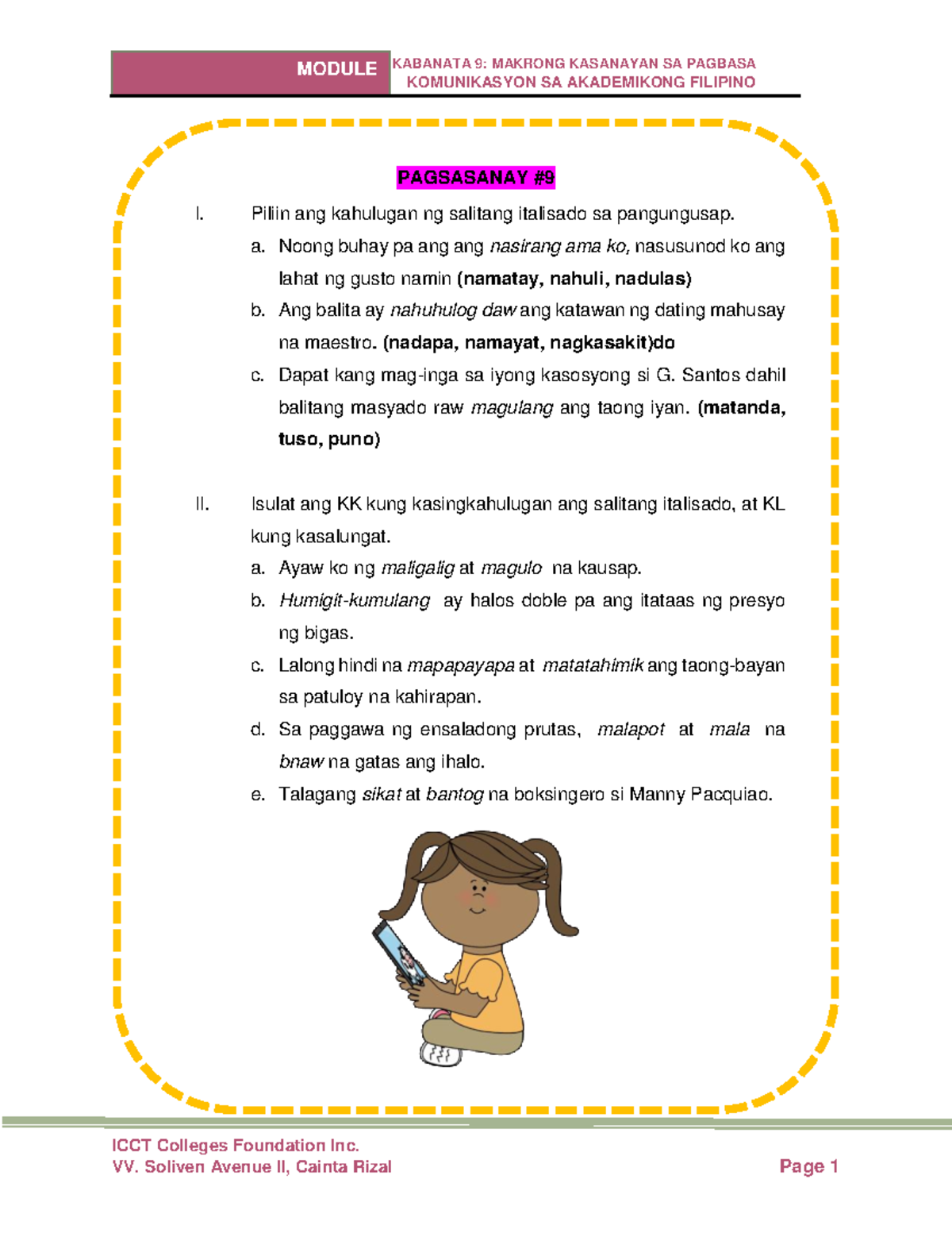 FIL 9 - pagsasanay 9 - MODULE KABANATA 9: MAKRONG KASANAYAN SA PAGBASA ...