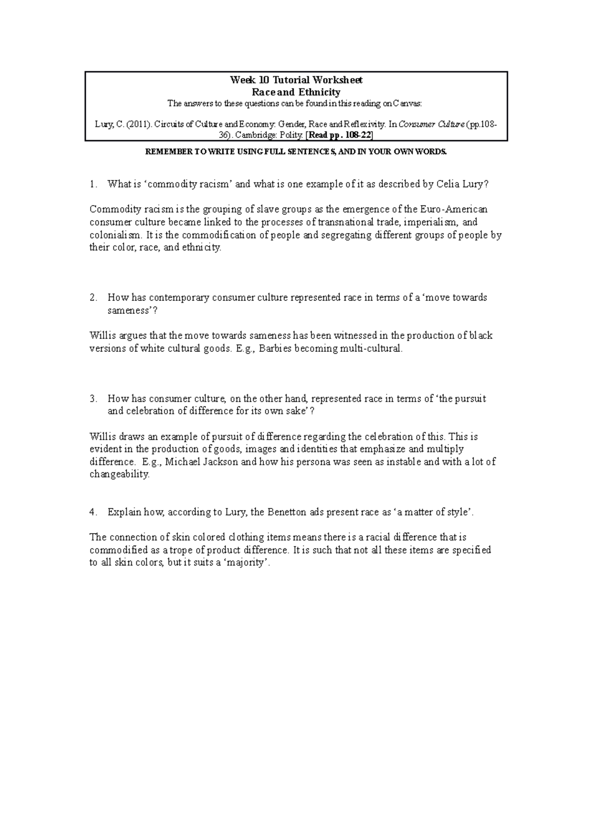 Comms 104 Worksheet for Week 10 Tutorial - Week 10 Tutorial Worksheet Race and Ethnicity The ...