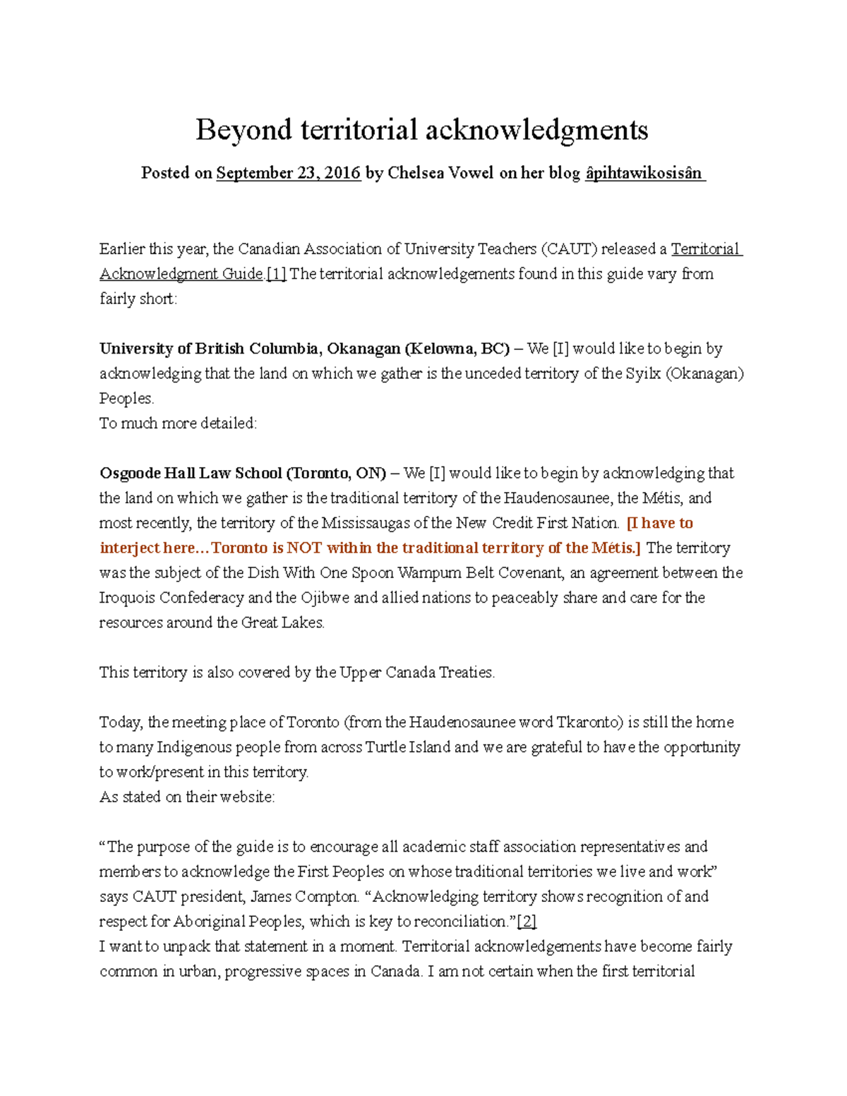 ENG1100 Midterm - Essay - Beyond territorial acknowledgments Posted on ...