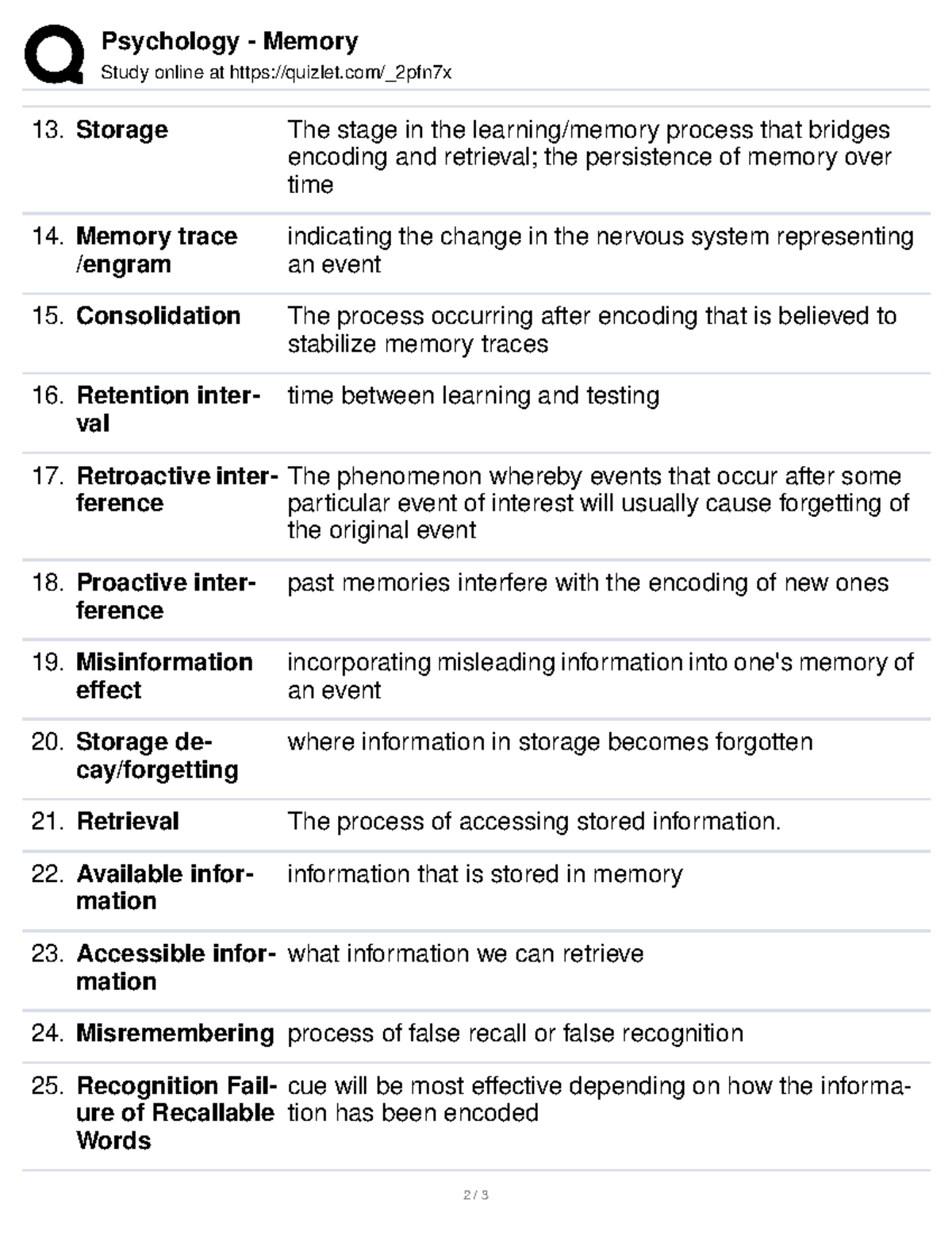 Psychology - Memory - 2 - Psychology - Memory Study online at quizlet ...