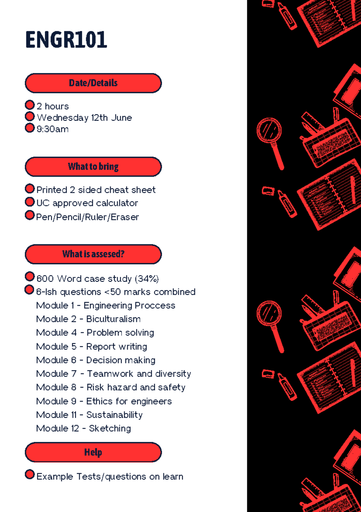 Revision ENGR 101 - ENGR Date/Details 2 hours Wednesday 12th June 9 ...