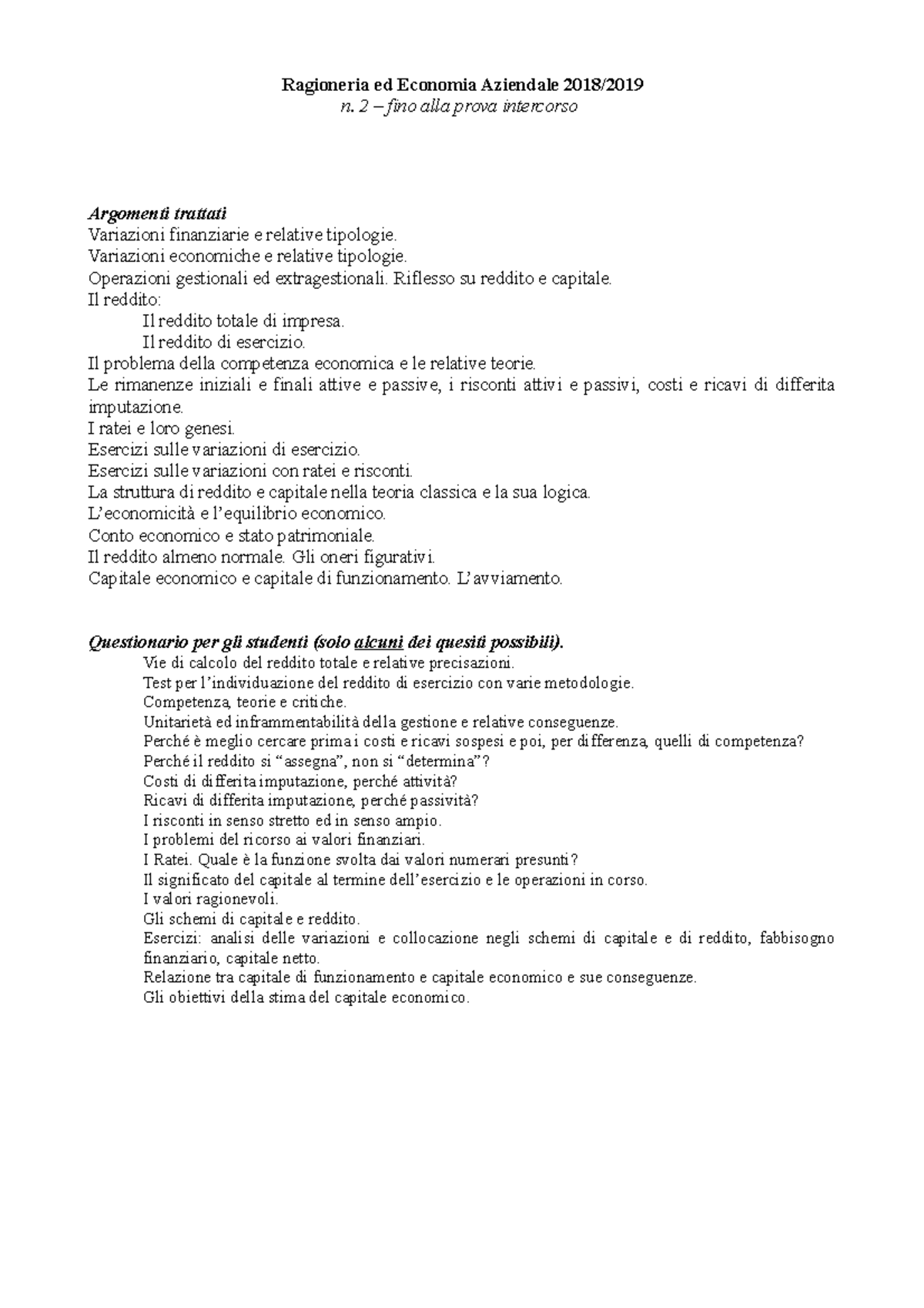 Questionario n - domande e risposte prof riccardo vigano 2 - Ragioneria ...
