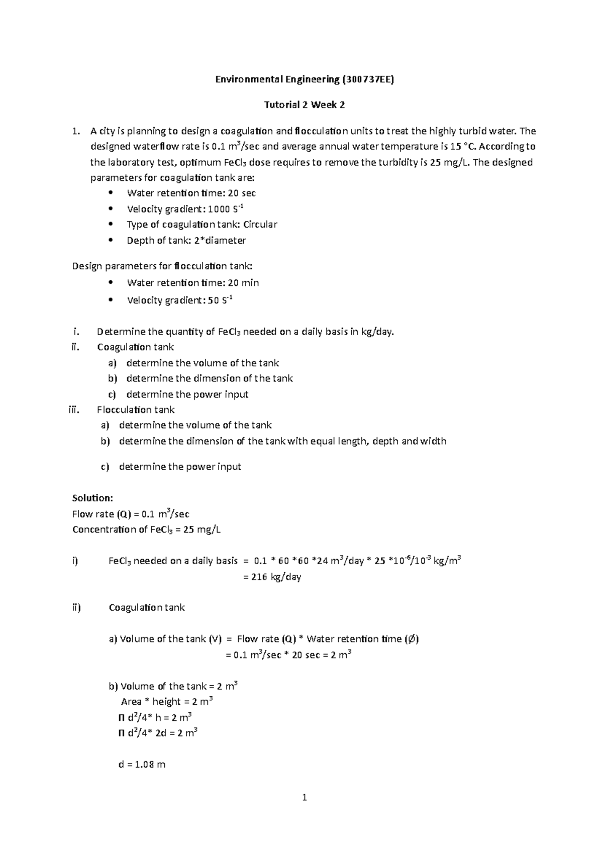 Tutorial Week 2 Solutions - Environmental Engineering (300737EE ...