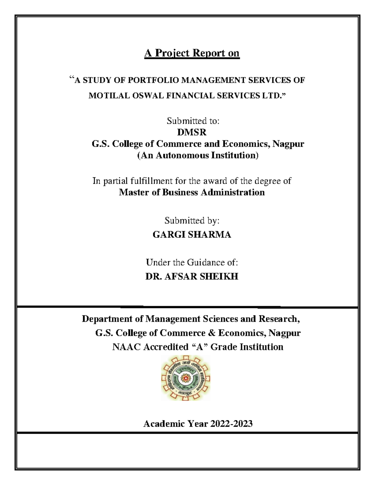 Portfolio management - A Project Report on “A STUDY OF PORTFOLIO ...