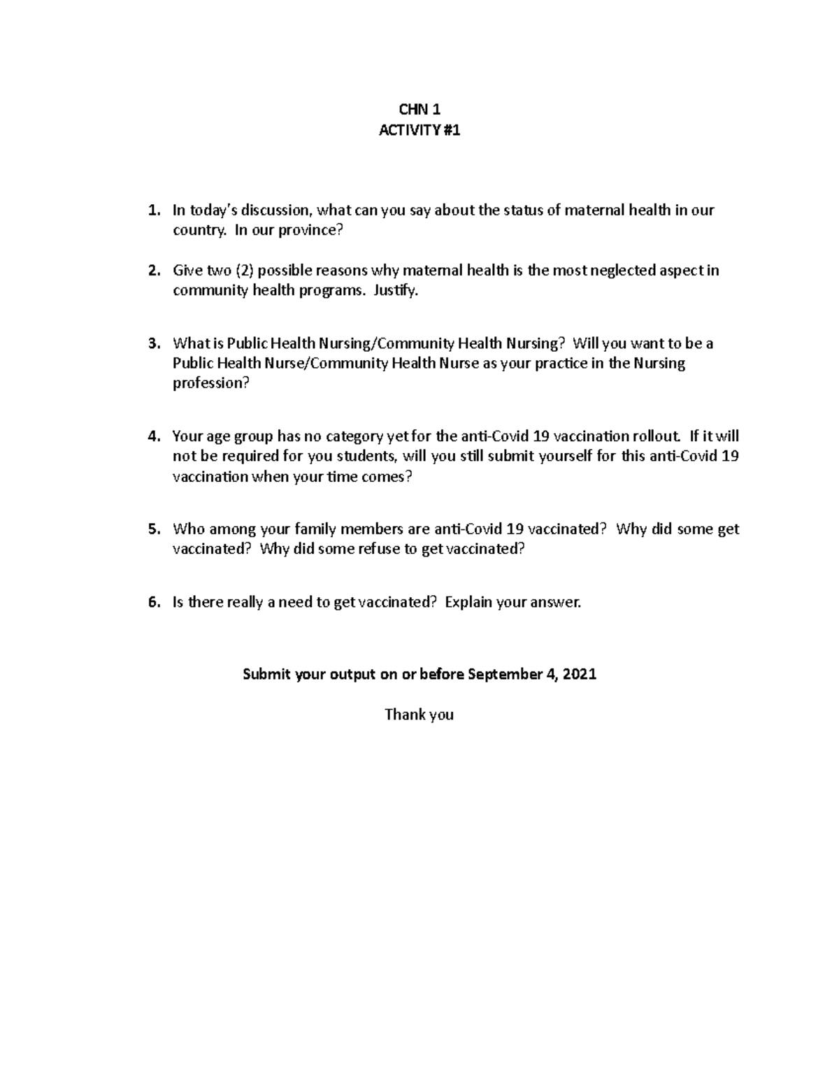 Chn activity 1 - assignment for community health nursing - CHN 1 ...