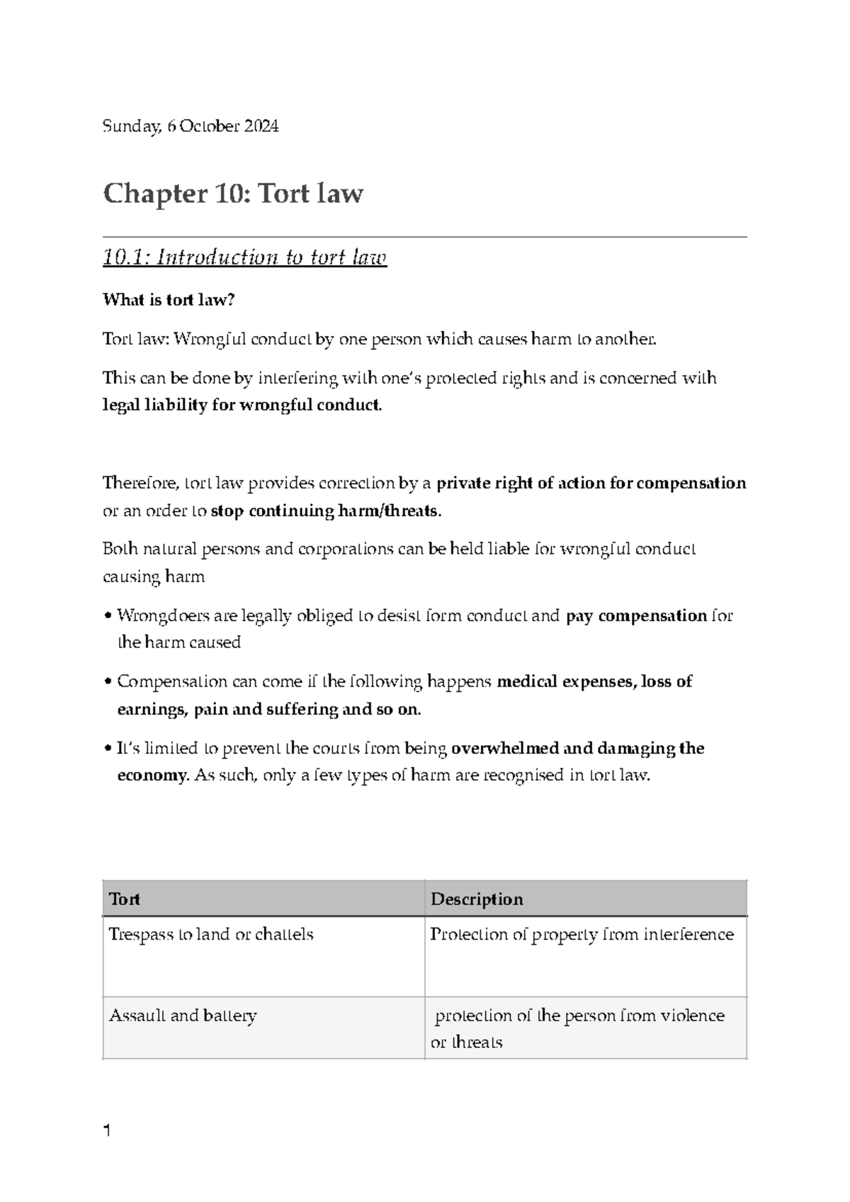 Chapter 10 - Tort law - Sunday, 6 October 2024 Chapter 10: Tort law 10 ...