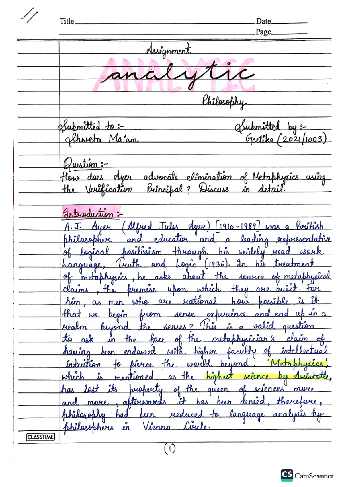 Analytic assignment - dddd - Title Date Page Assignment analytic Philosophy Submitted to ...