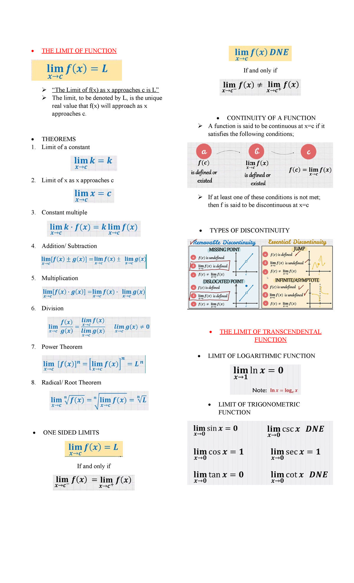 Basic cal reviewer - THE LIMIT OF FUNCTION “The Limit of f(x) as x approaches c is L” The - Studocu