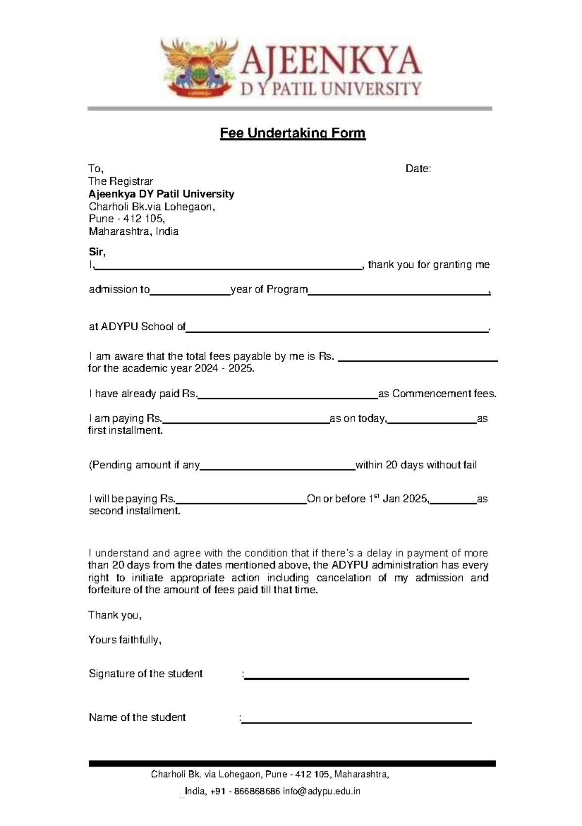 Apznza~1 - jksdjabb vnhgj fgdh - Fee Undertaking Form To, Date: The Registrar Ajeenkya DY Patil ...